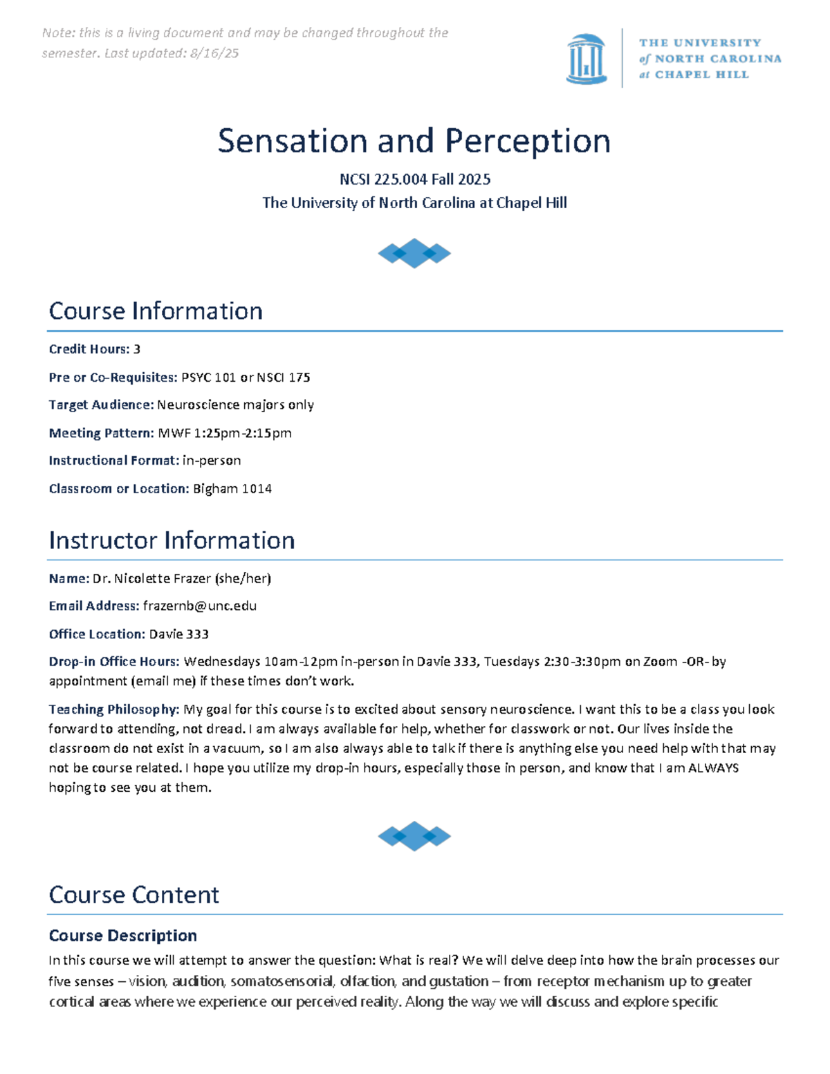 NSCI 225 Syllabus: Sensation and Perception Course Overview Fall 2025 ...