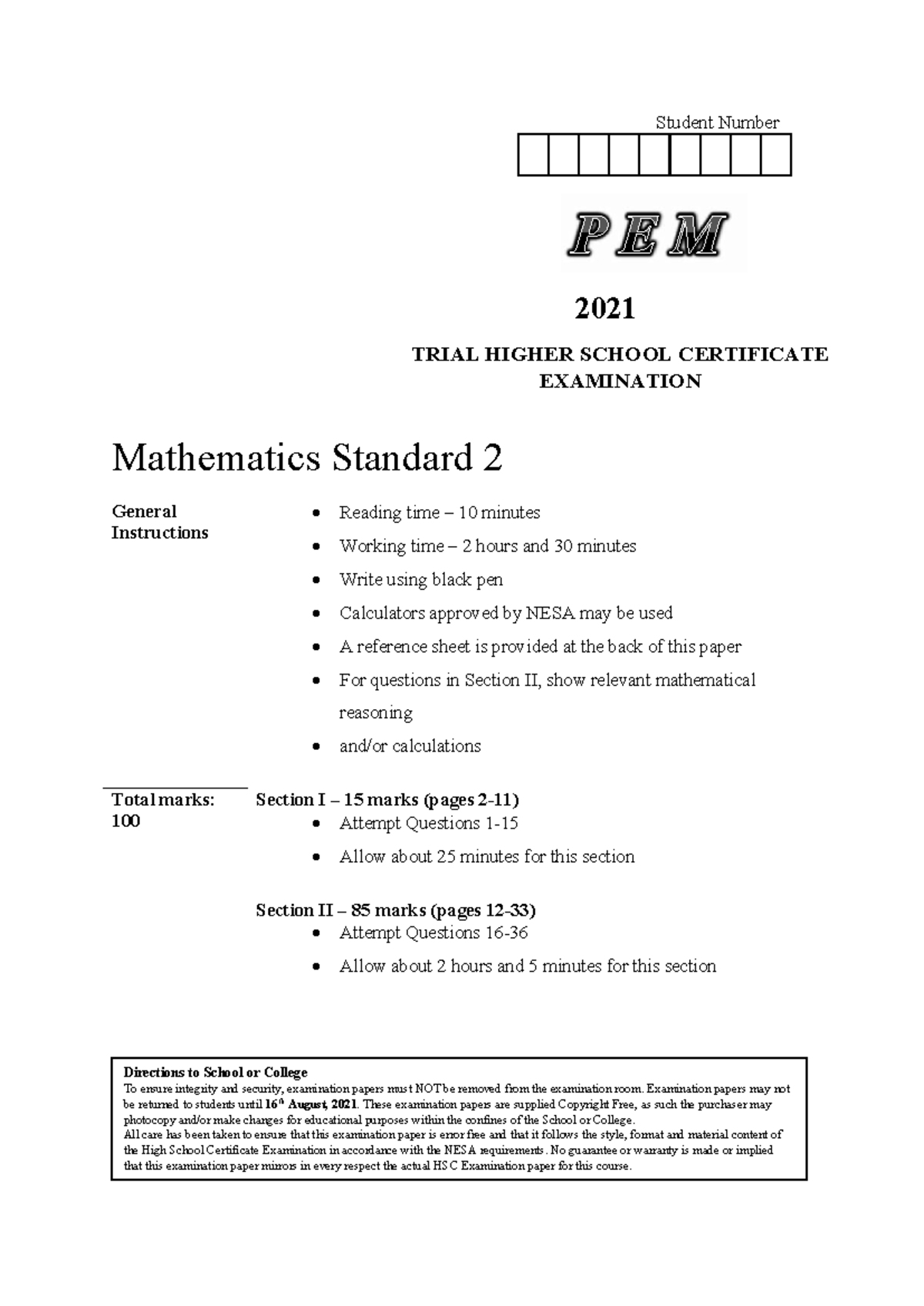 PEM 2021 Mathematics Standard 2 Trial HSC Exam Paper - Studocu