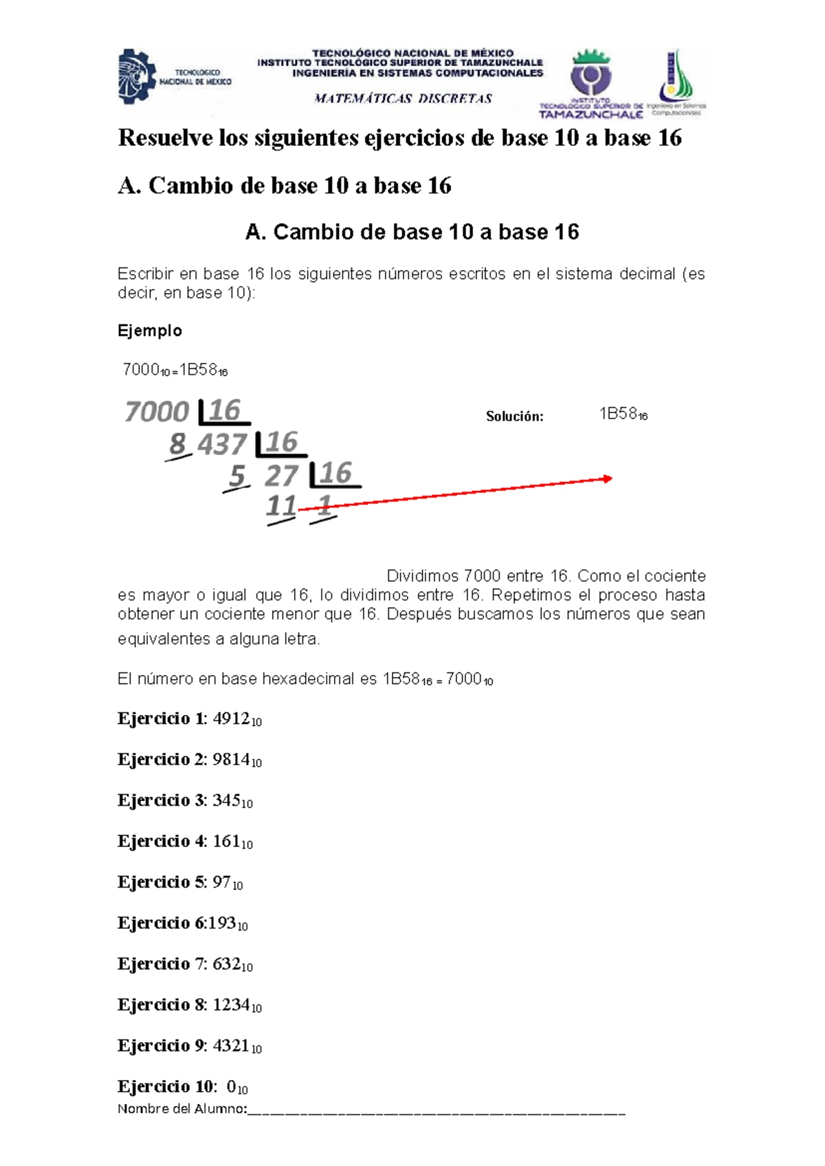 Ejercicios de Conversión de Base 10 a Base 16 A - Studocu