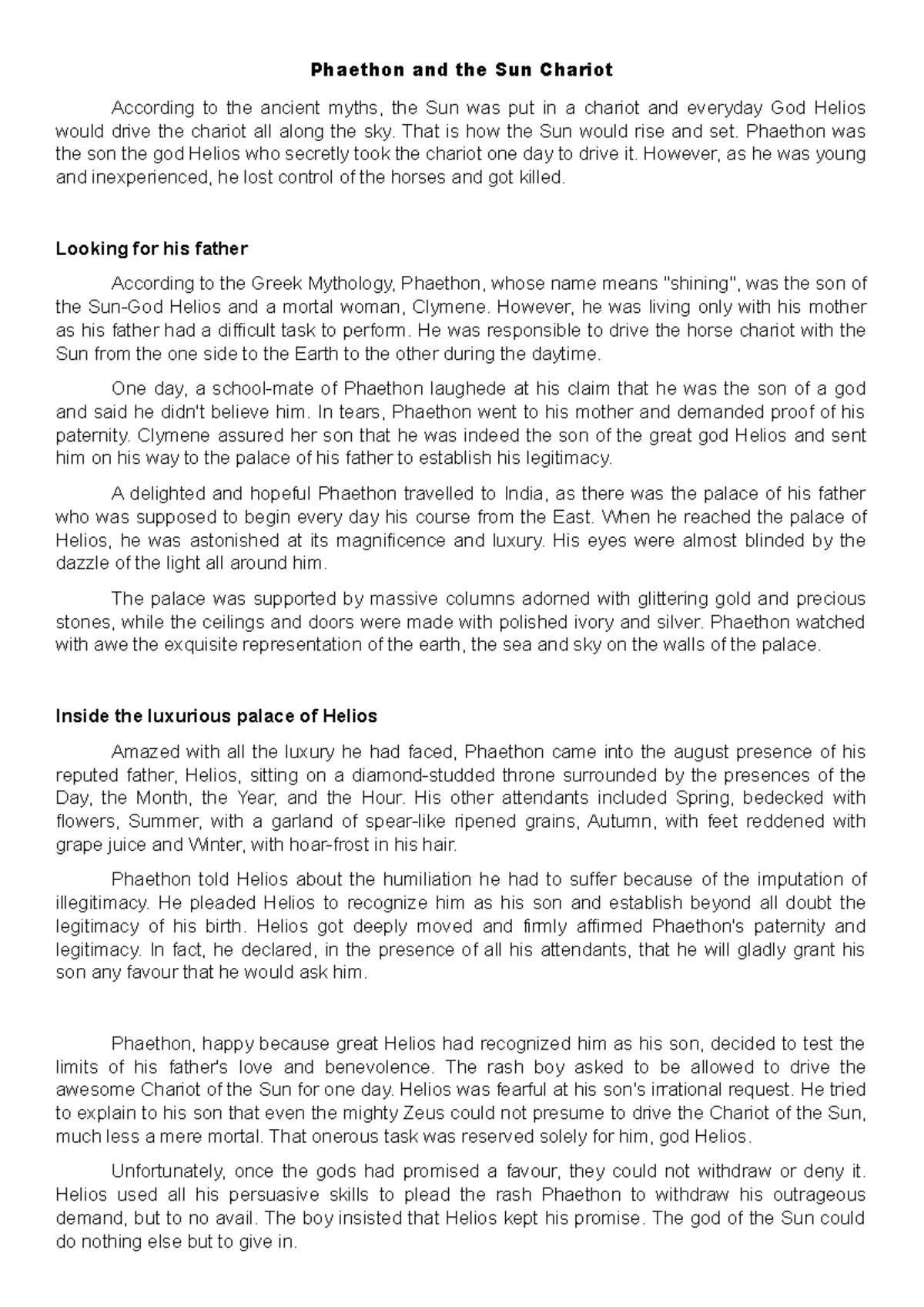 Phaethon and the Sun Chariot: A Study of Greek Mythology - Studocu