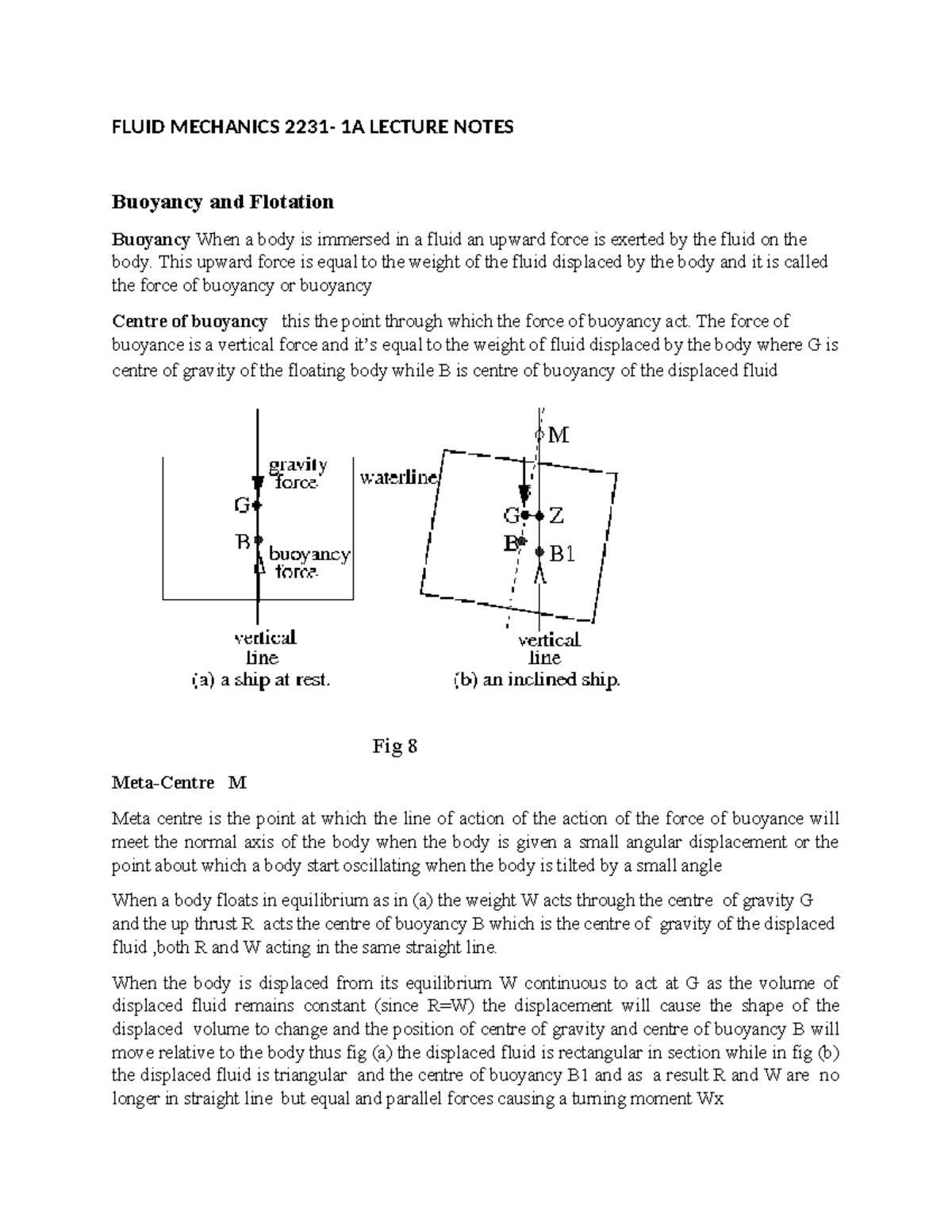 FLUID MECHANICS 2231-1A: Lecture Notes on Buoyancy & Flotation - Studocu