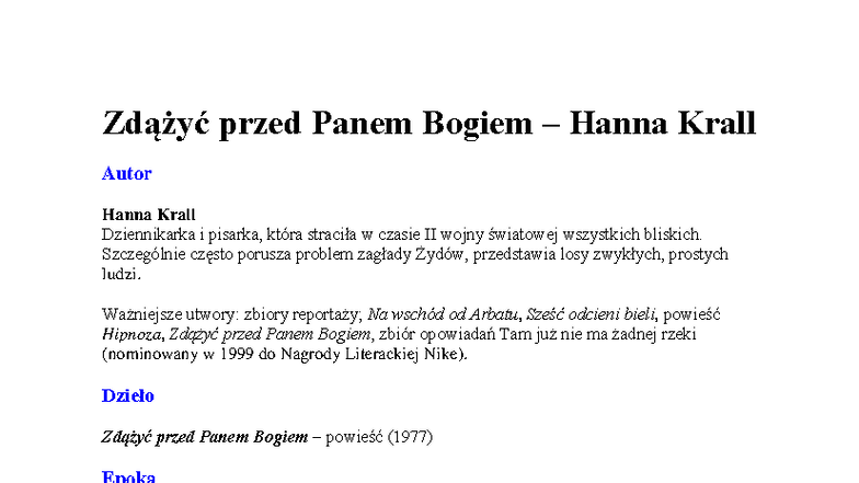 Analiza "Zdążyć przed Panem Bogiem" - H. Krall - VA - Studocu