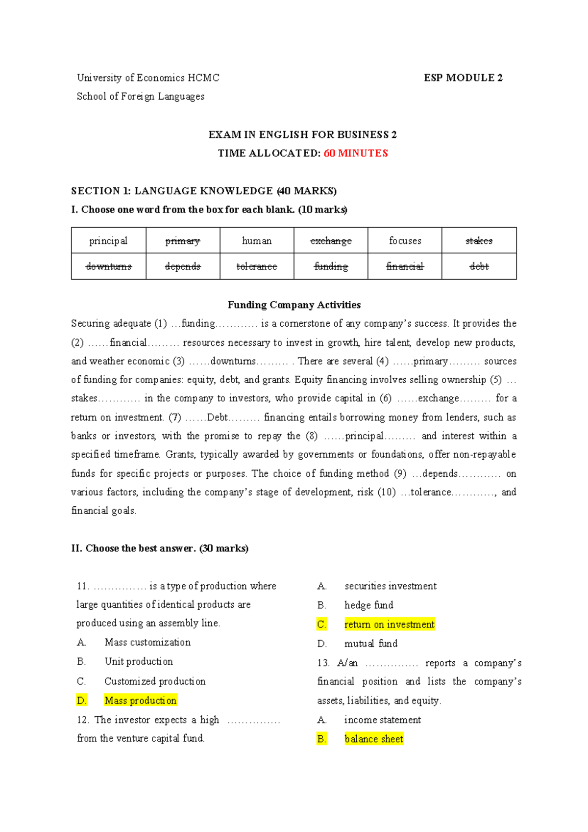 ESP2 - English for Business Final Exam Sample Test - Studocu