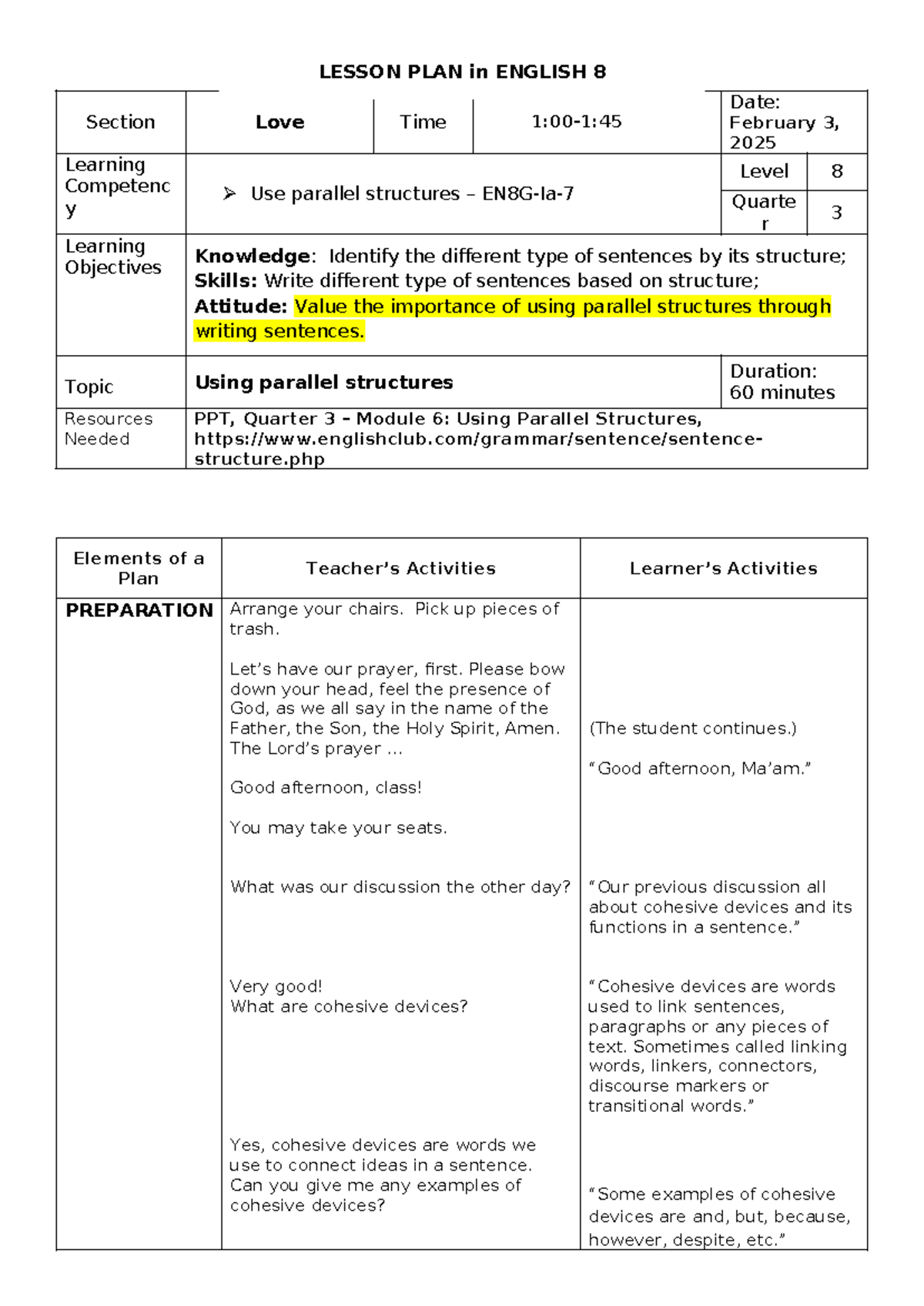 02-03-25 Grade 8 Quarter 3 Use parallel structures - Section Love Time ...