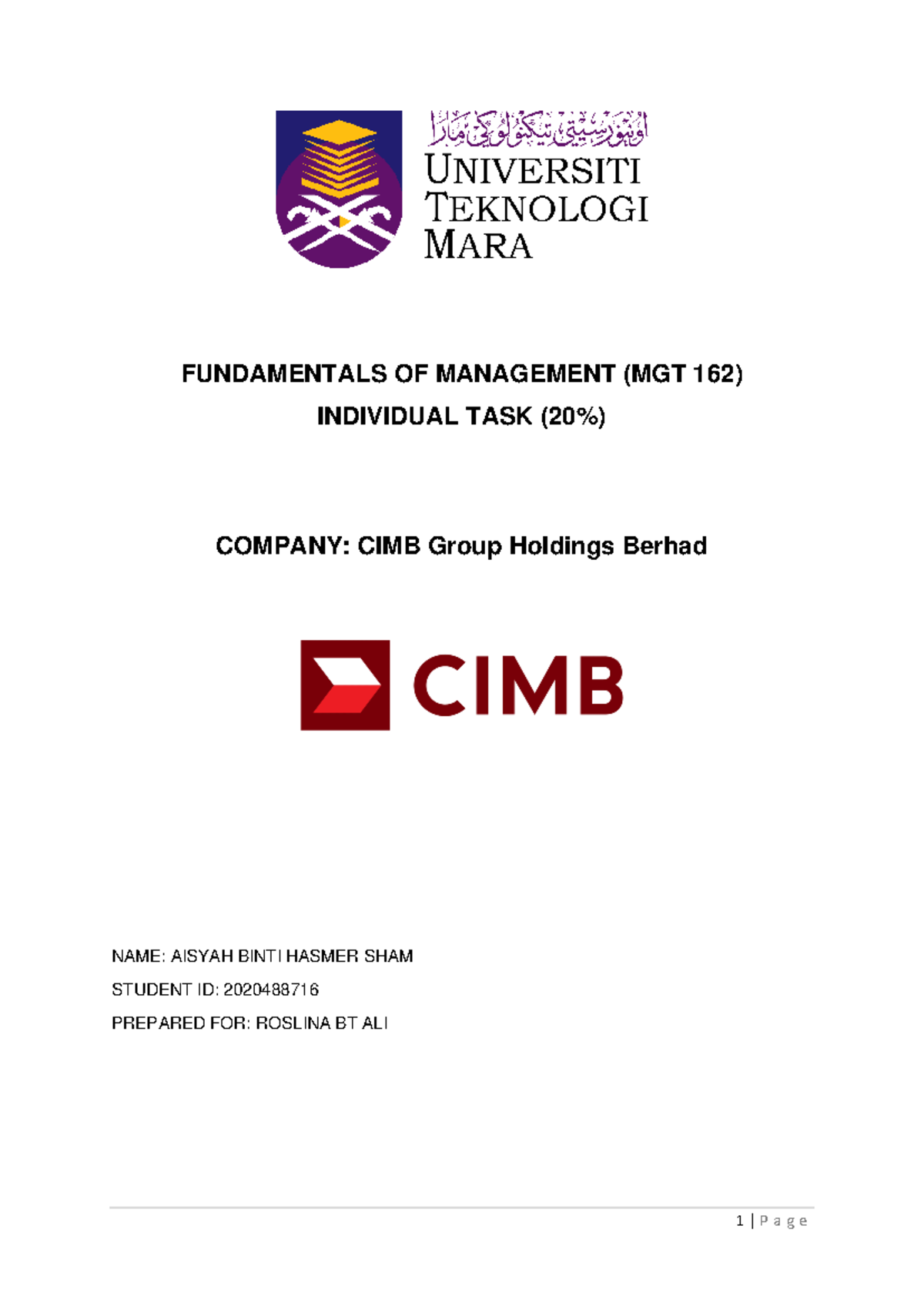 MGT162 Individual Assignment - FUNDAMENTALS OF MANAGEMENT (MGT 162 ...