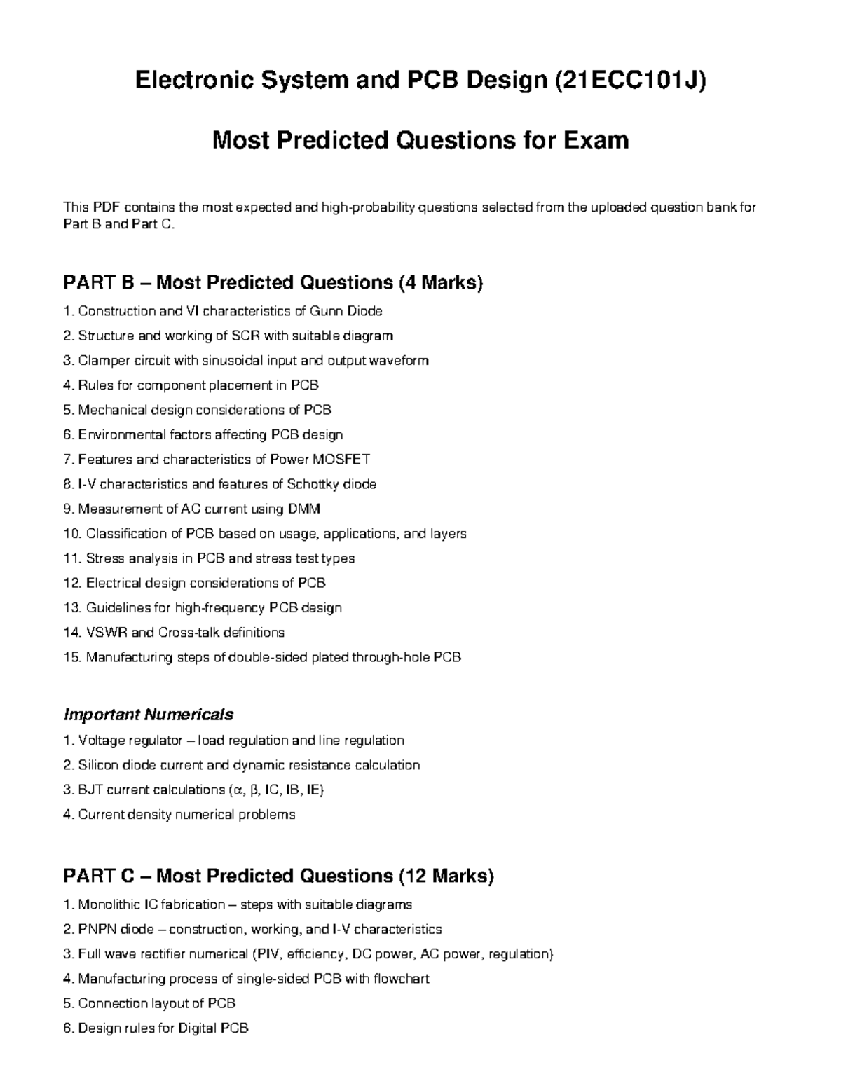 Most Predicted Exam Questions for Electronic System (21ECC101J) - Studocu