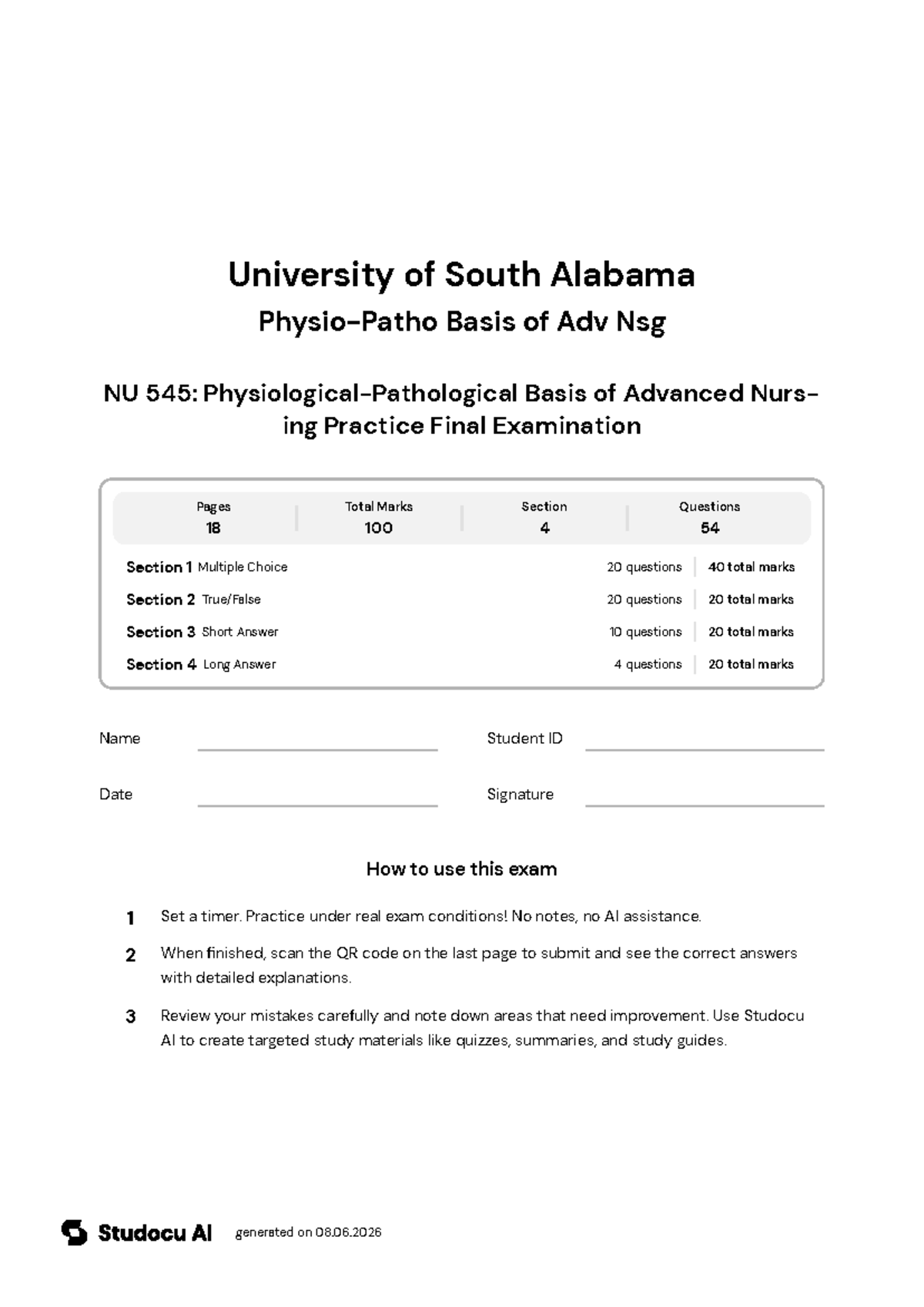 NU 545 Final Exam: Physiological-Pathological Concepts - Studocu