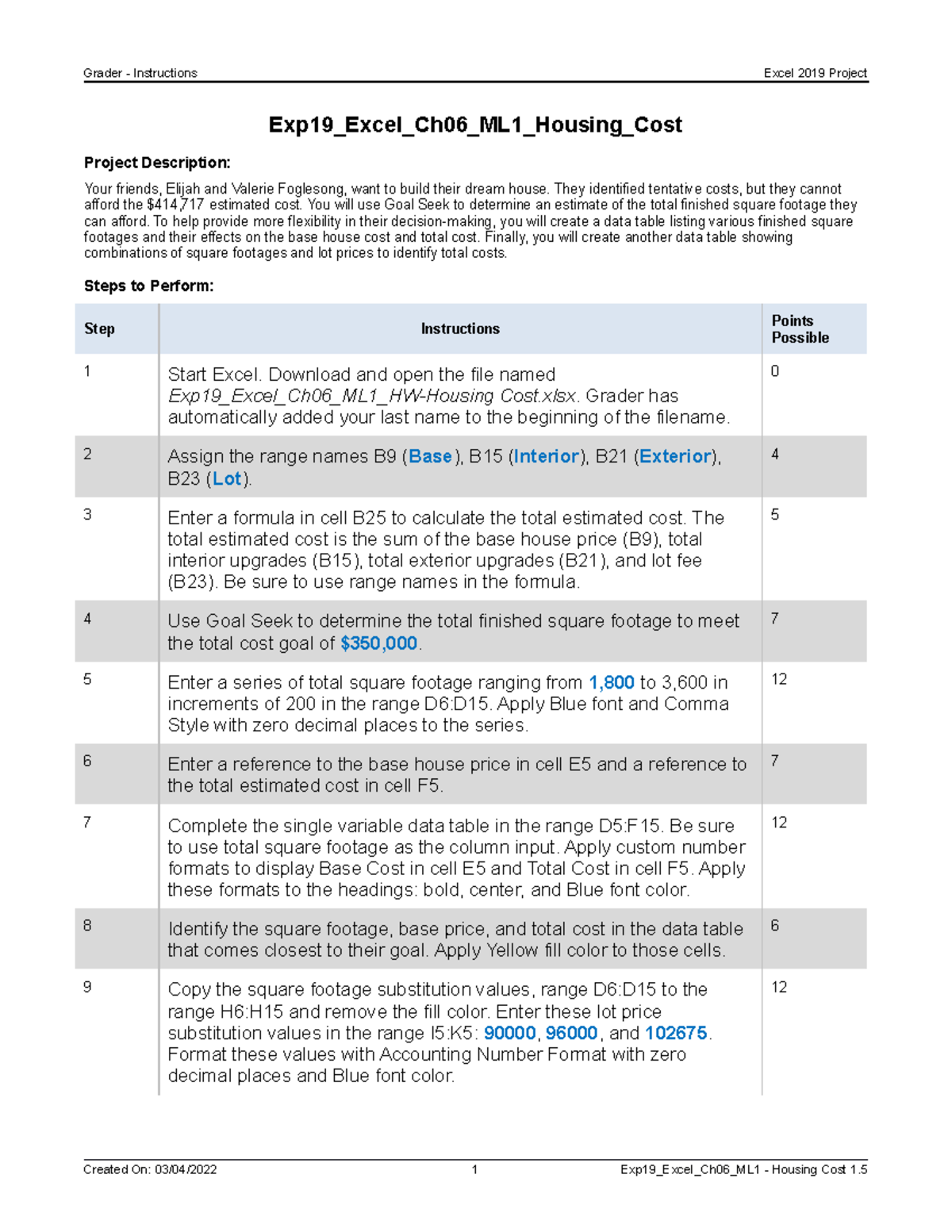 Excel 2019 Exp19 Ch06 ML1 Project: Housing Cost Goal Seek Instructions - Studocu