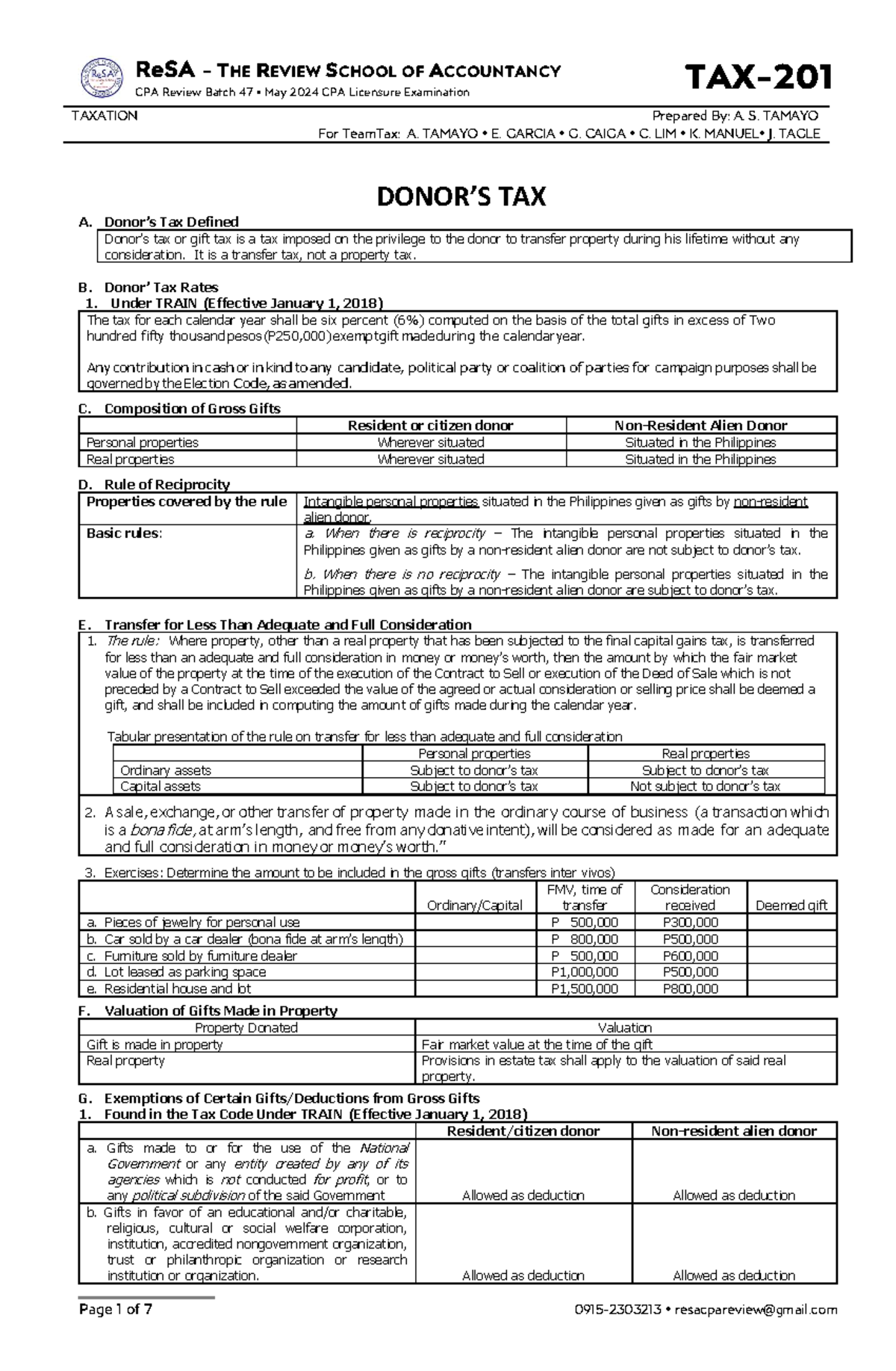 TAX-201 Donor's Tax Review Notes for CPA Exam May 2024 - Studocu