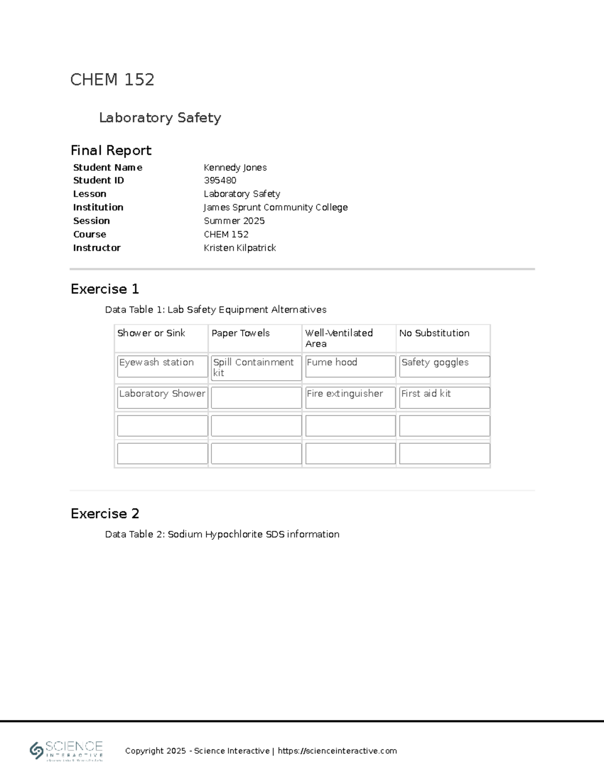 CHEM 152 Laboratory Safety Final Report - Kennedy Jones - Studocu