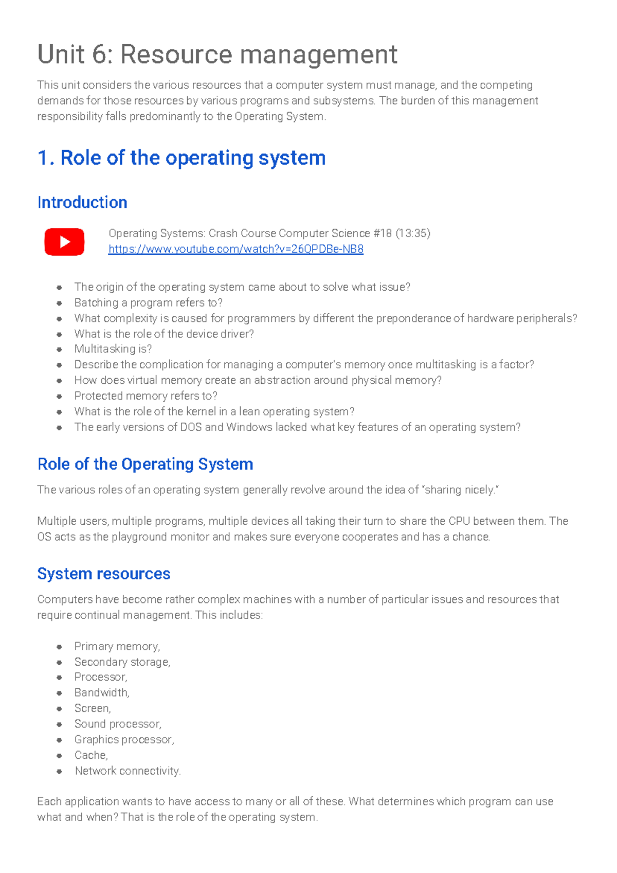 Unit 6 resource management - Unit 6: Resource management This unit ...