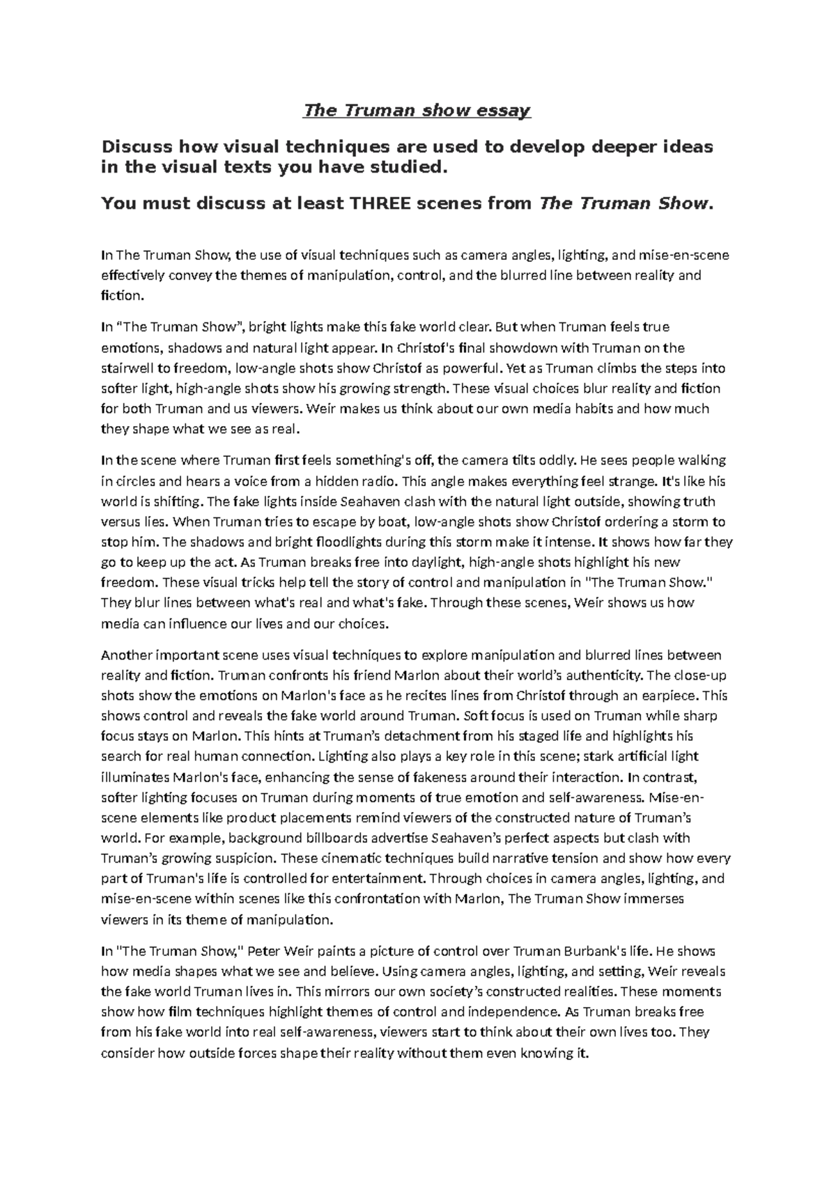 ENG 101: The Truman Show Essay - Visual Techniques and Themes of ...