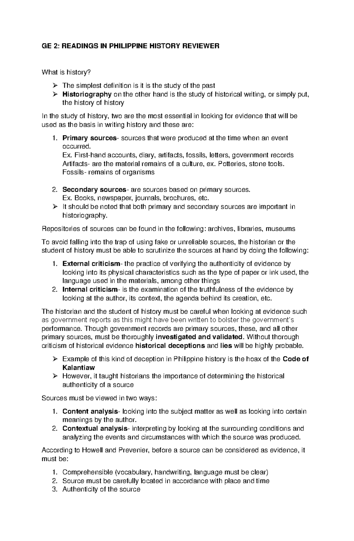 GE-2: Philippine History Review Materials and Source Analysis - Studocu