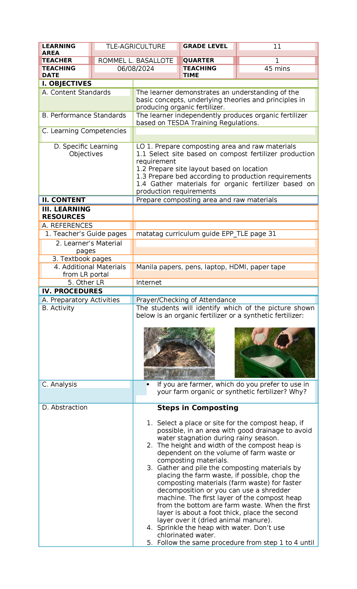 DLP Grade 11 TLE Lesson: Organic Composting Techniques and Procedures ...