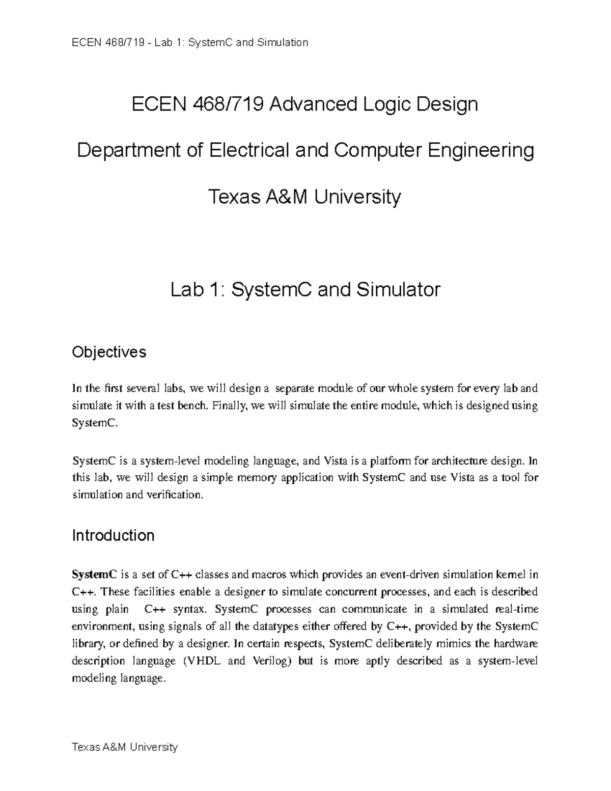 Lab 1 Manual: SystemC and SRAM Implementation - ECEN 468/719 - Studocu