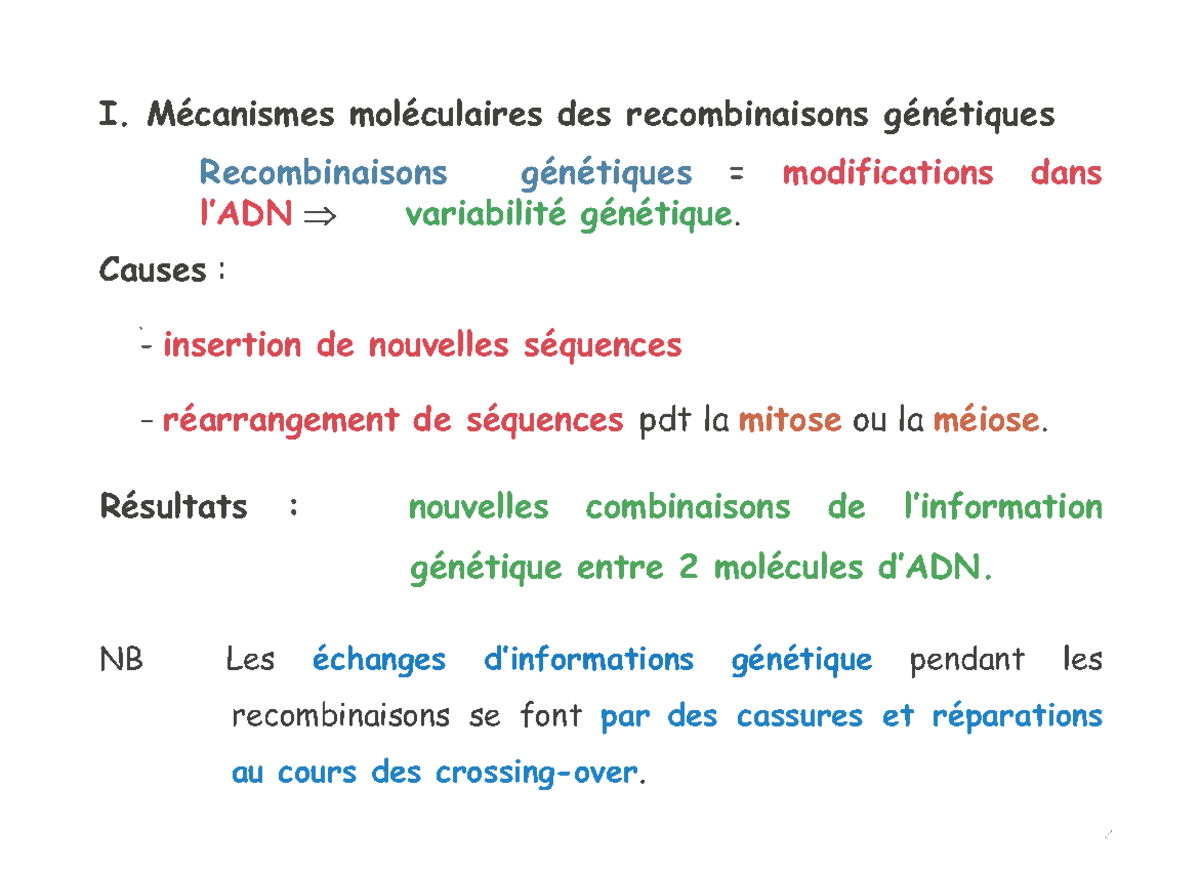 Mécanismes des Recombinaisons Génétiques - Cours Biologie 101 - Studocu