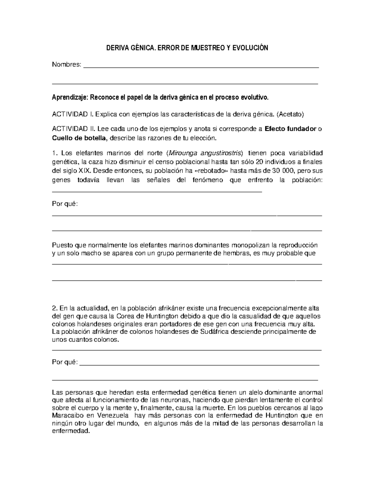 Ejercicios sobre Deriva Génica y Evolución 2023 - Studocu