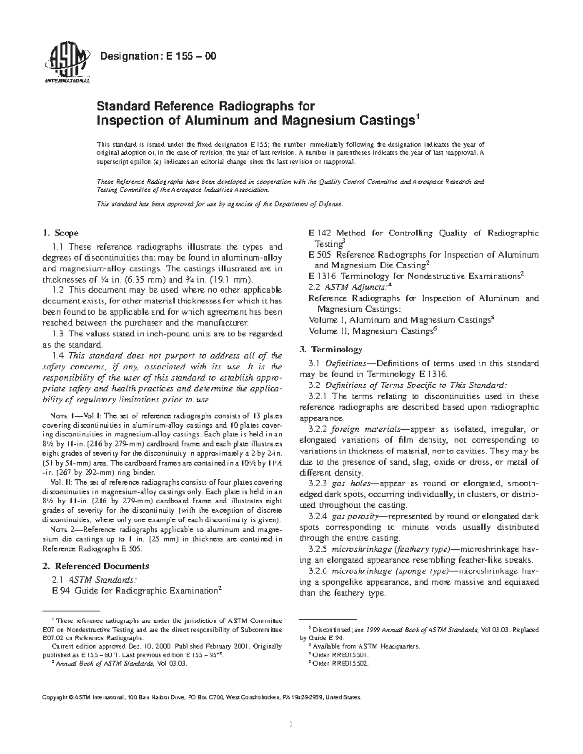 E 155 00 Standard Reference Radiographs for Aluminum & Magnesium ...