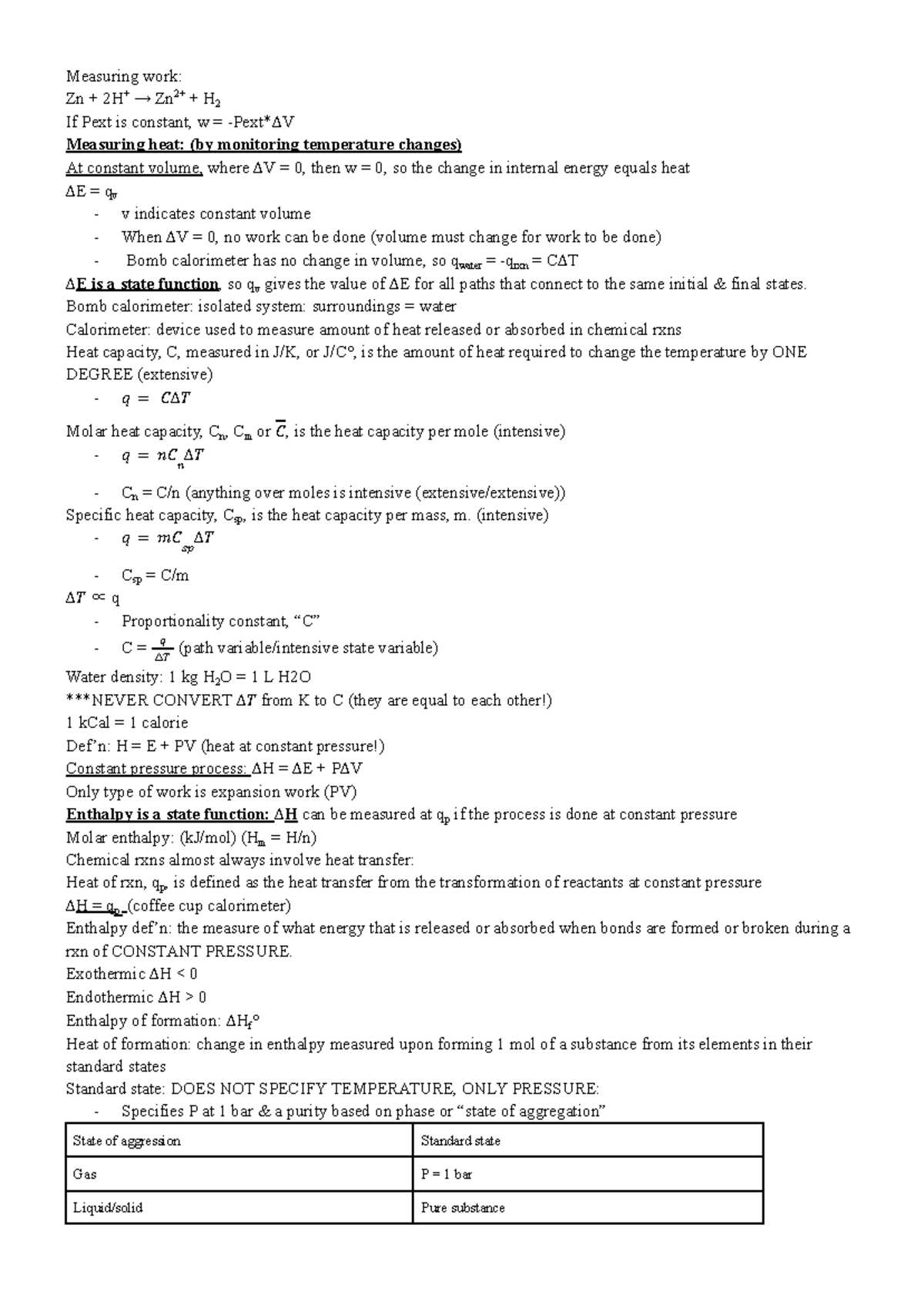 Week 3 Chem 123 - week 3 chem 123 notes typed - Measuring work: Zn + 2H ...
