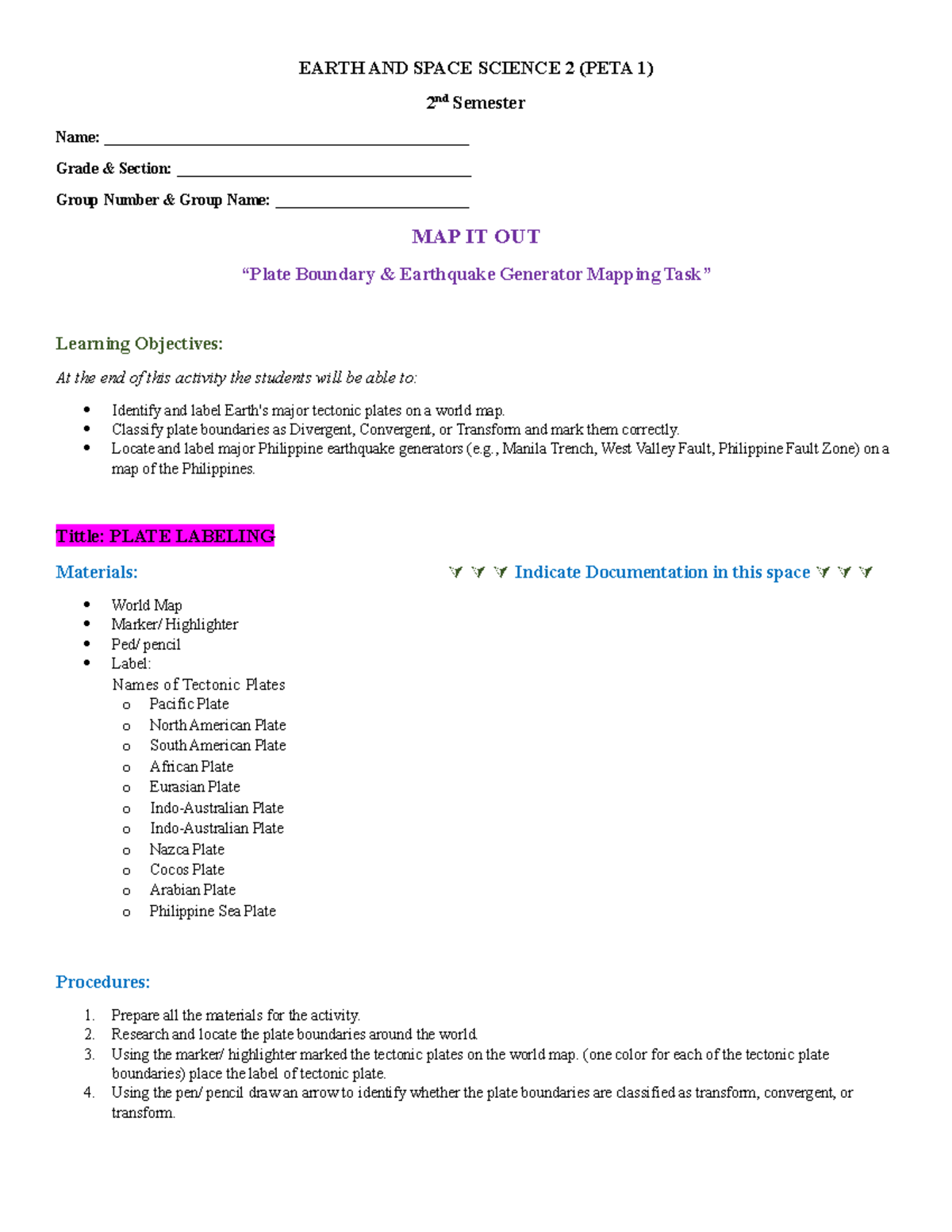 PETA 1: Earthquake Generator Mapping & Tectonic Plate Labeling - Studocu