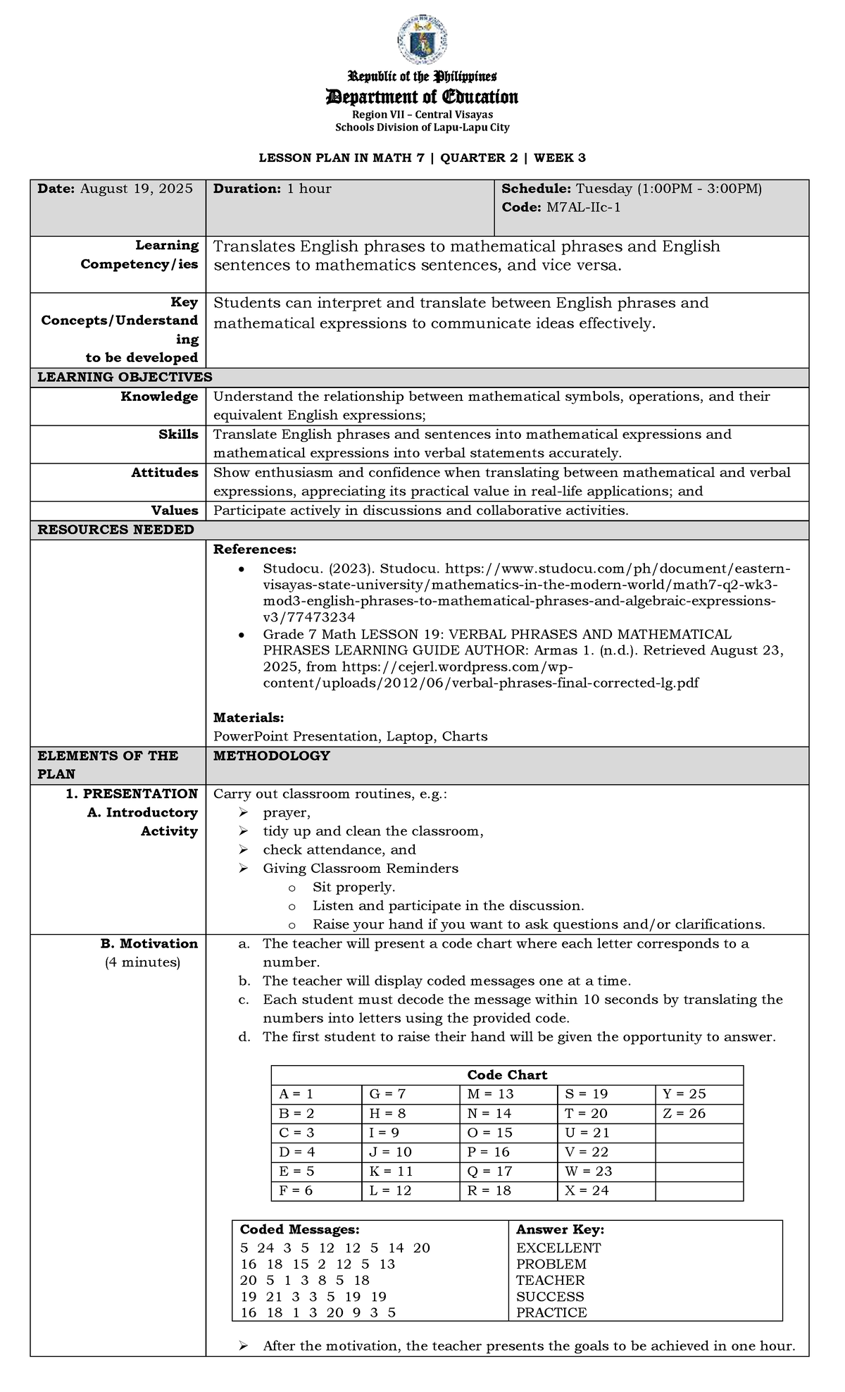 Math 7 Lesson Plan: Translating Verbal & Mathematical Phrases (Q2 W3 ...