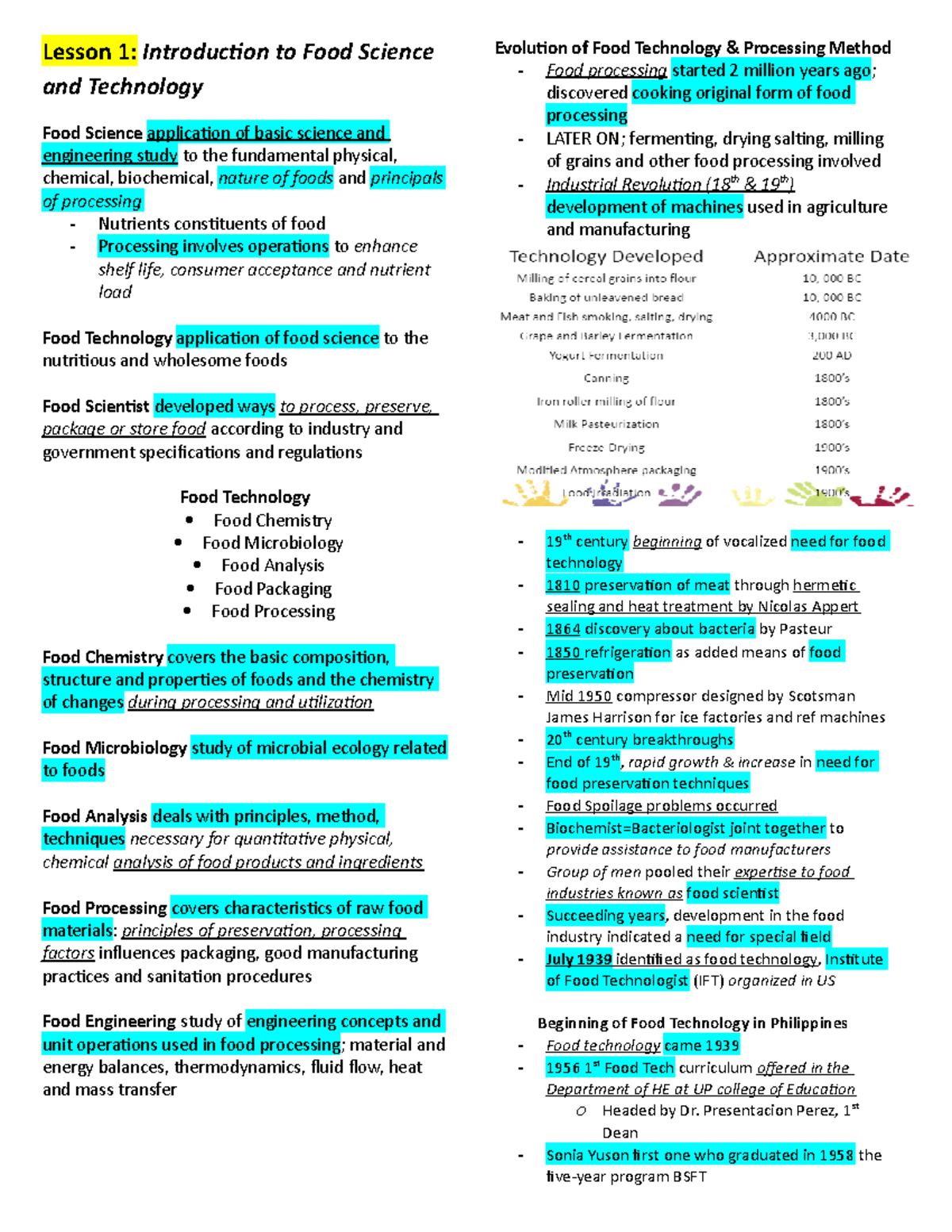 Lesson 1 FT1 - Introduction to Food Science & Technology Overview - Studocu