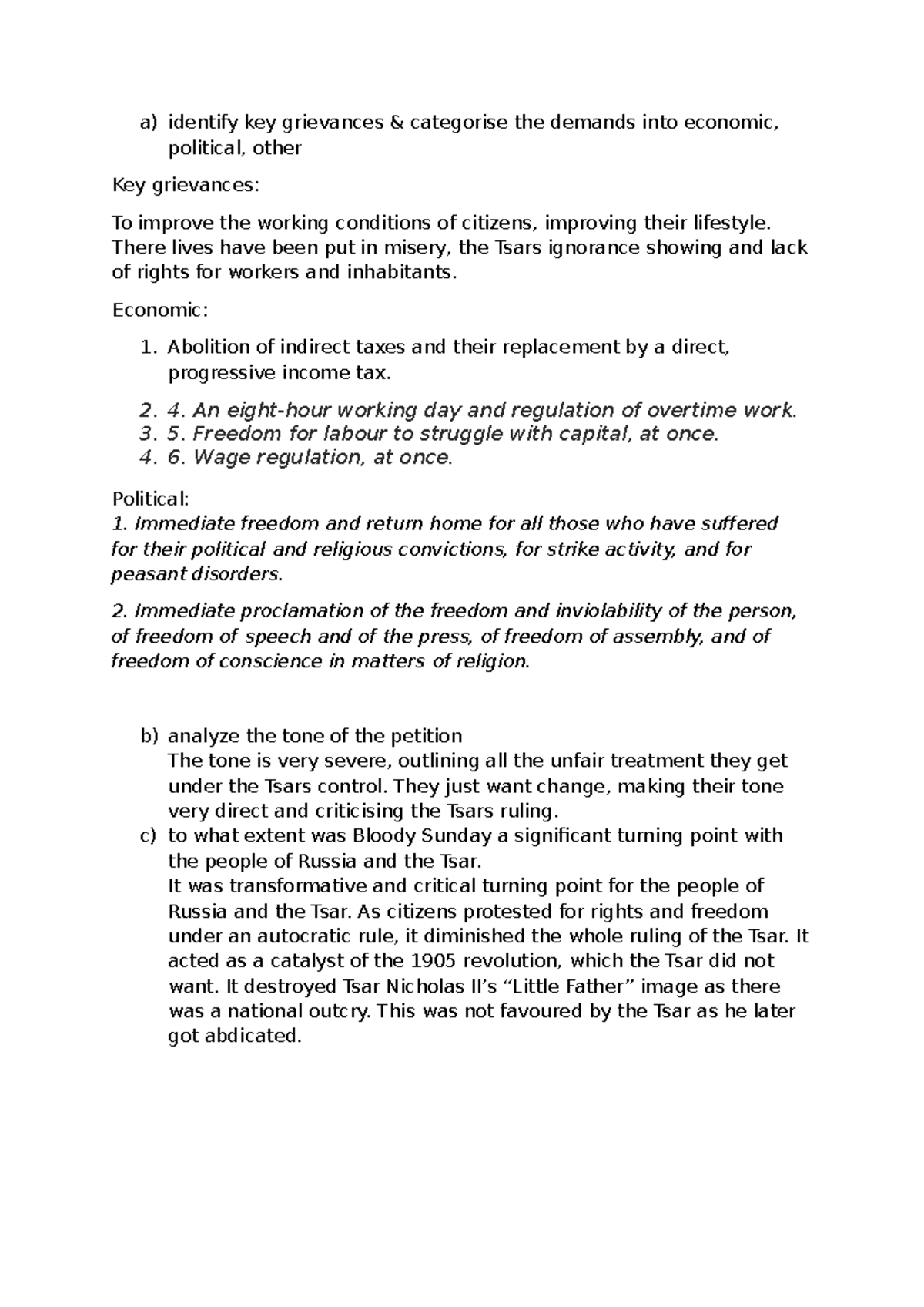 Key Grievances and Impact of Bloody Sunday on Tsar Nicholas II - Studocu