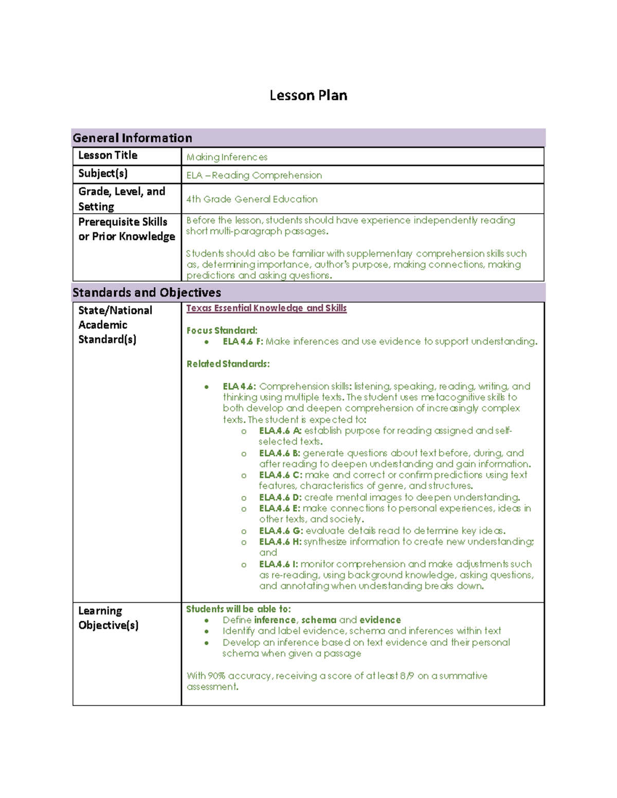 C910 Task 1 - Task 1 - Lesson Plan General Information Lesson Title Making Inferences Subject(s ...