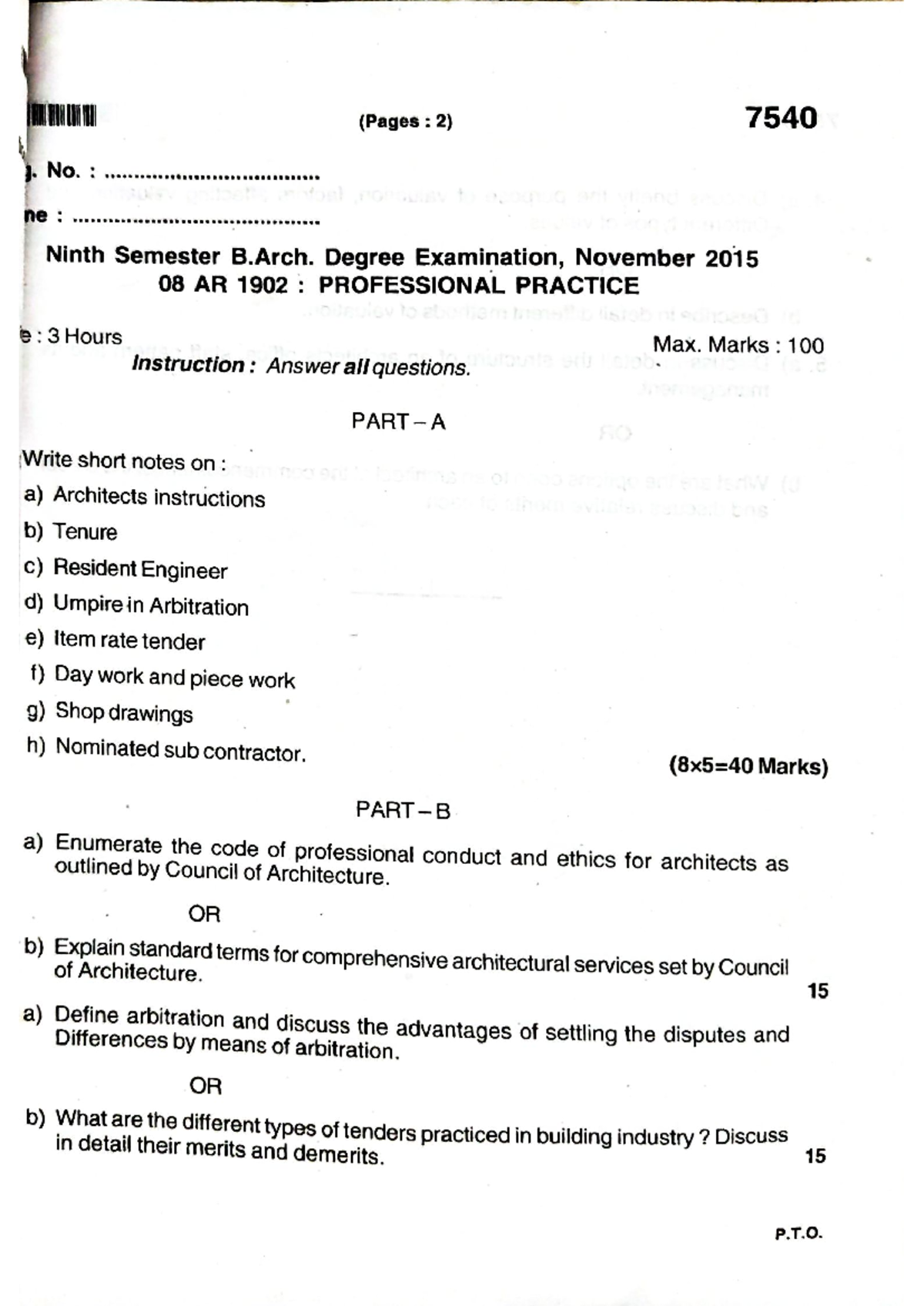 Professional practice QUESTION PAPER - (Pages : 2) 7540 No. : ne ...