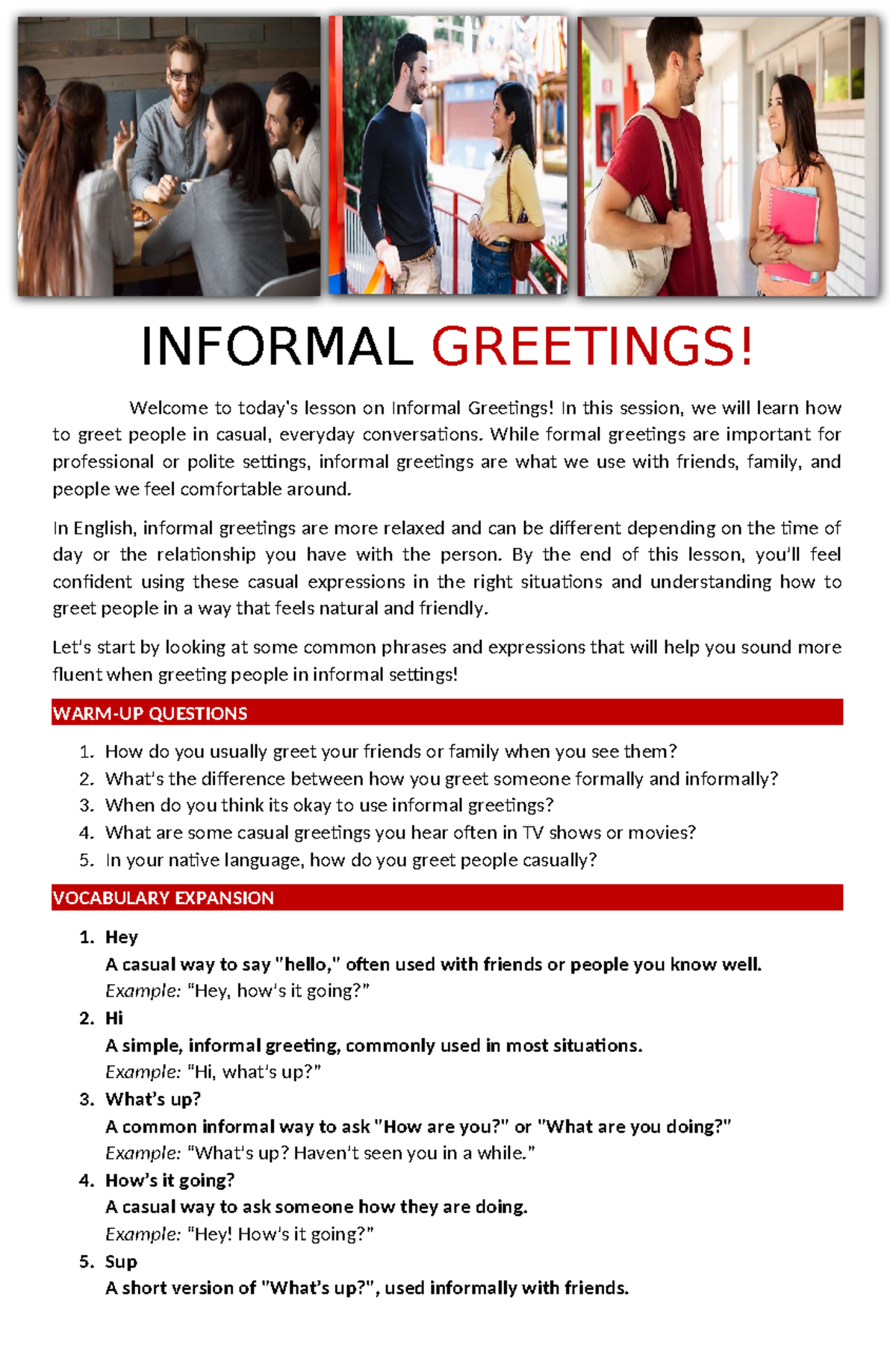 ESL Lesson 14: Informal Greetings and Casual Conversations - Studocu
