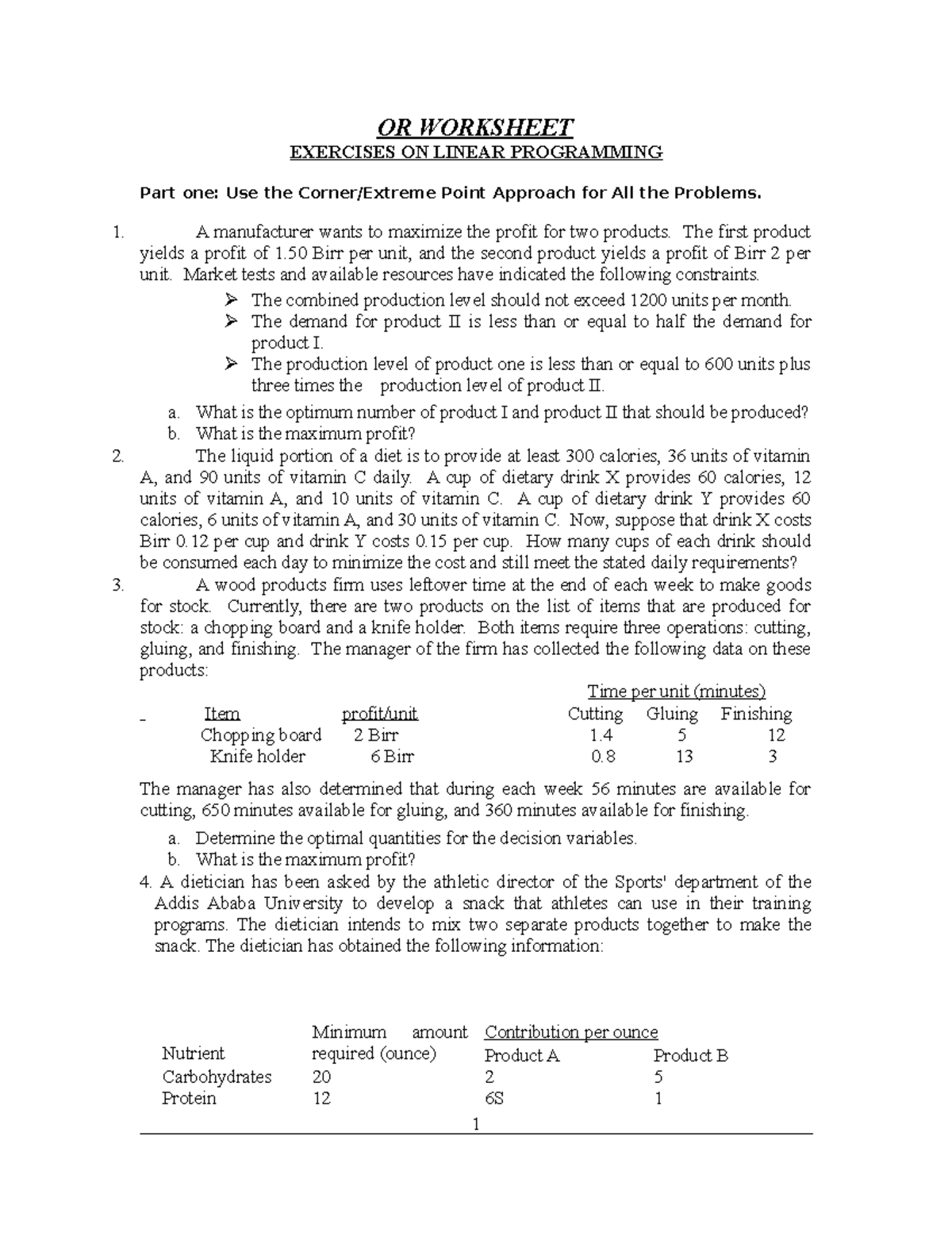 Worksheet on LP - OR WORKSHEET EXERCISES ON LINEAR PROGRAMMING Part one ...