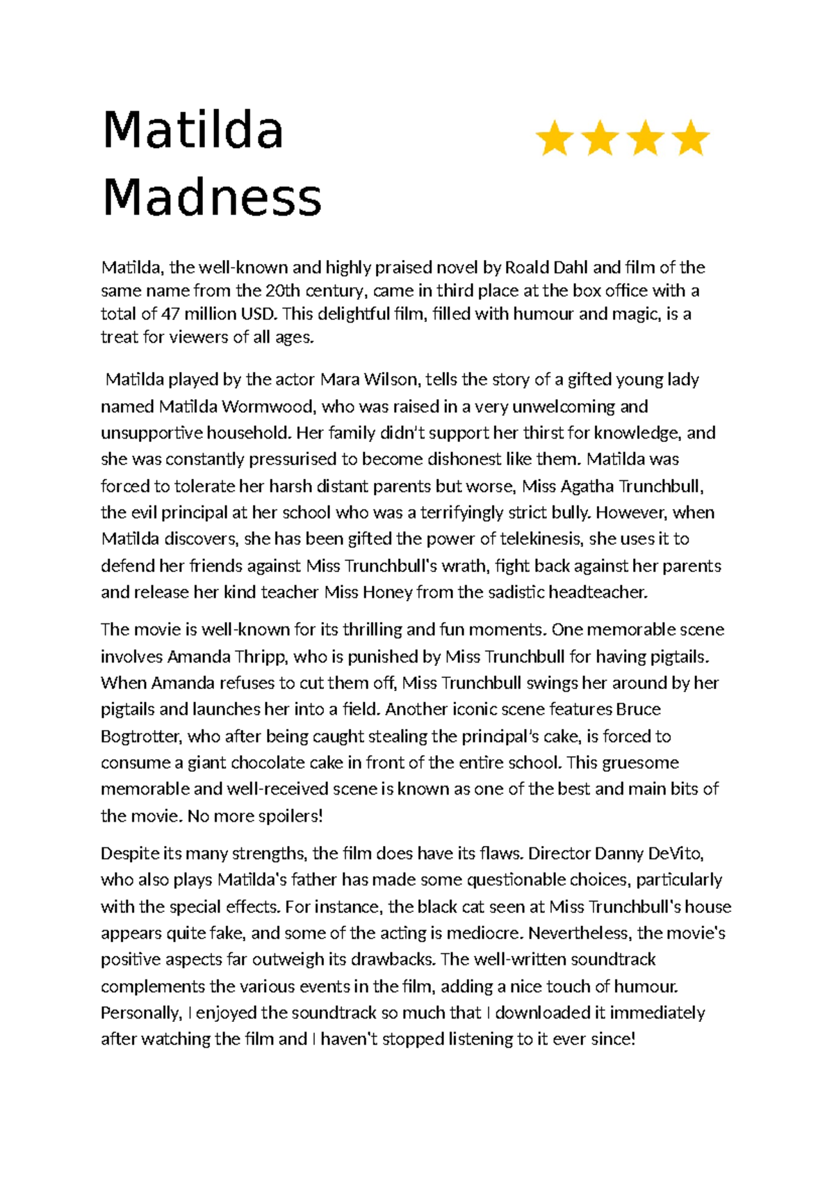 Film review - notes - Matilda Madness Matilda, the well-known and ...