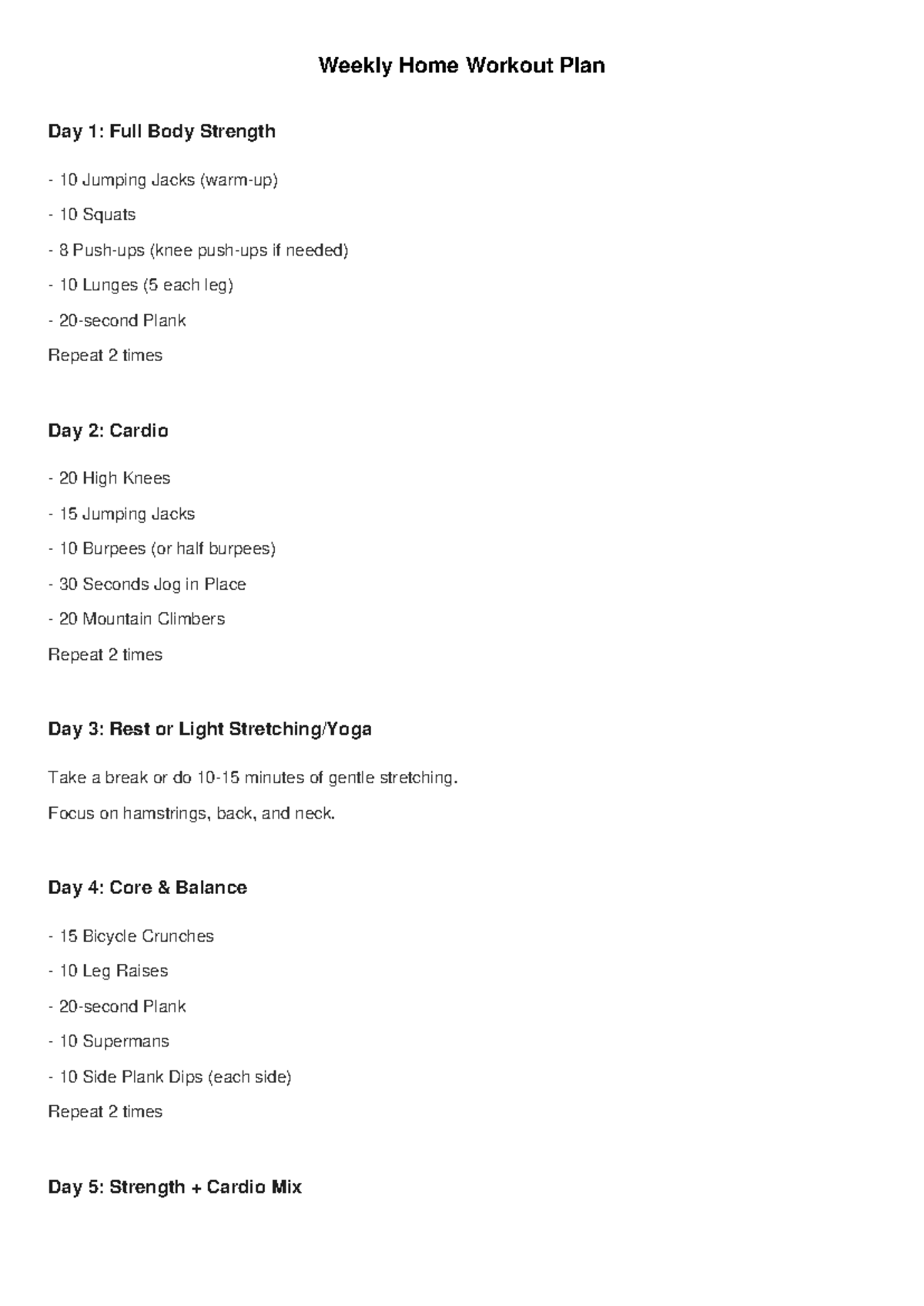 Weekly Home Workout Plan: Full Body & Cardio Routine - Studocu
