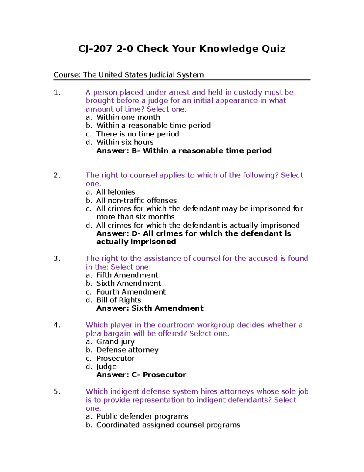 CJ 207 2-0 Judicial System Knowledge Quiz Questions & Answers - Studocu