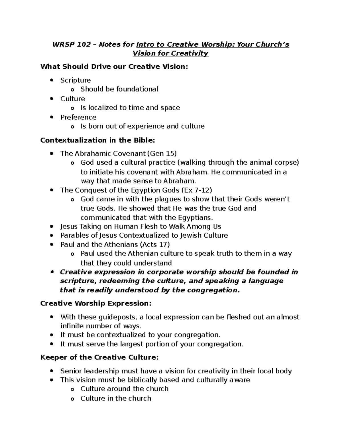 WRSP 102 Final Exam Notes: Your Church's Vision for Creativity - Studocu
