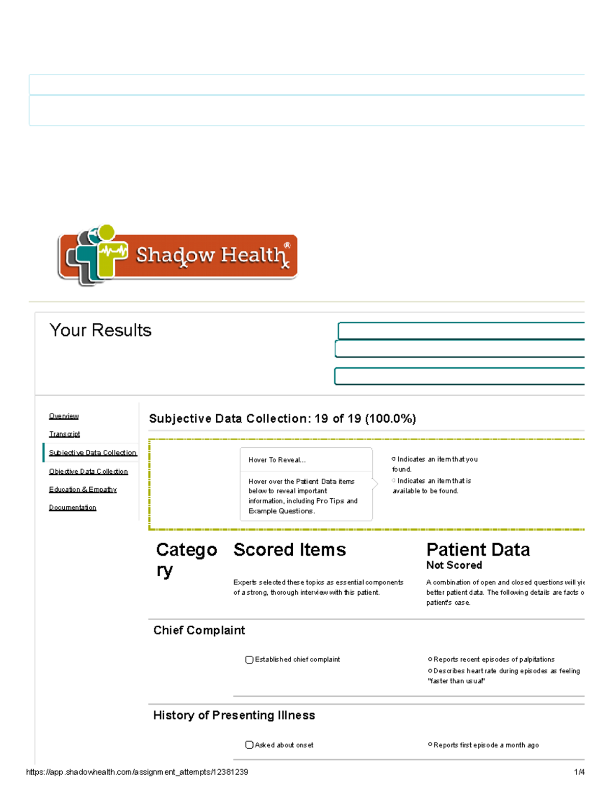 Subjective Data Collection Summary: Shadow Health® Digital Experience ...