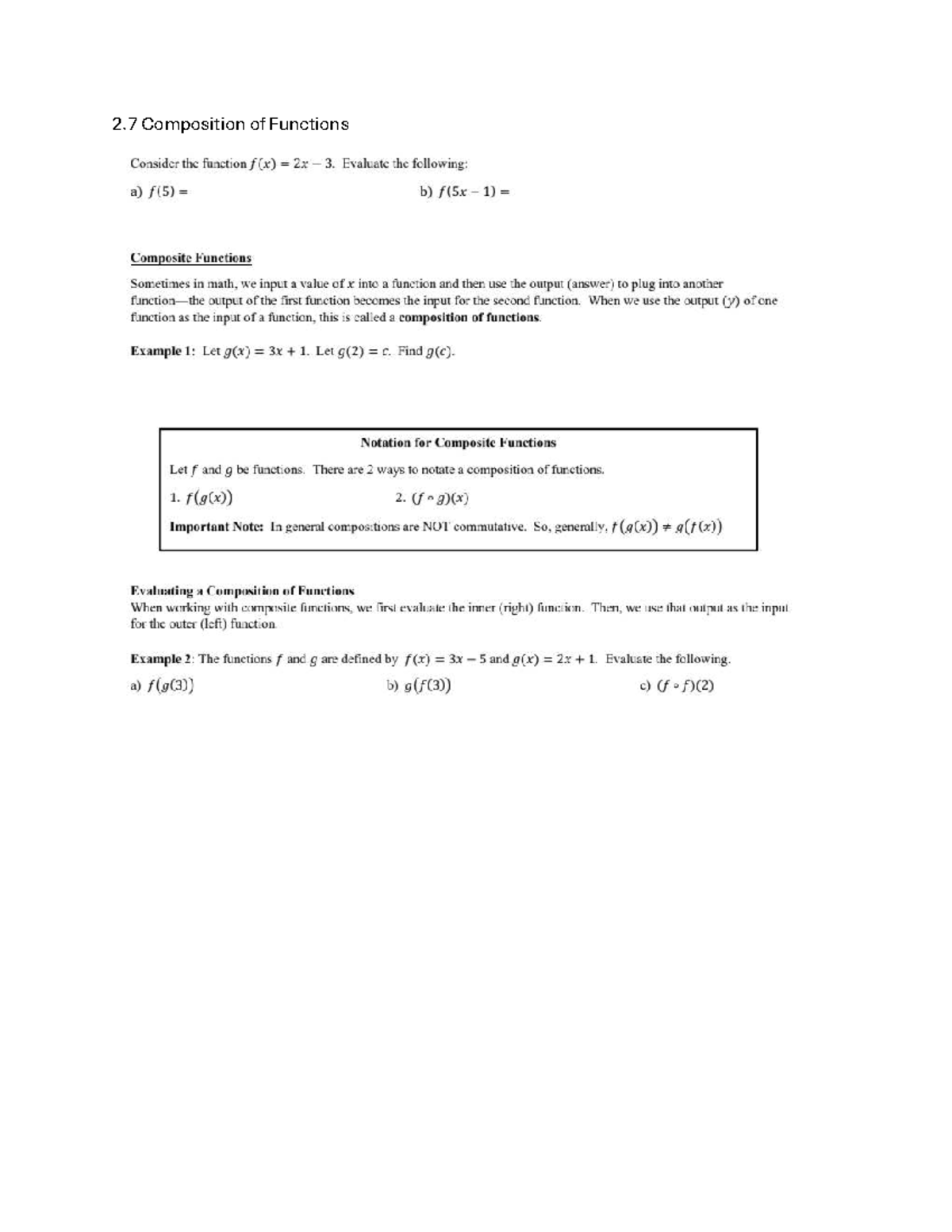 2.7 Composition of Functions: Evaluating and Notating Composites - Studocu