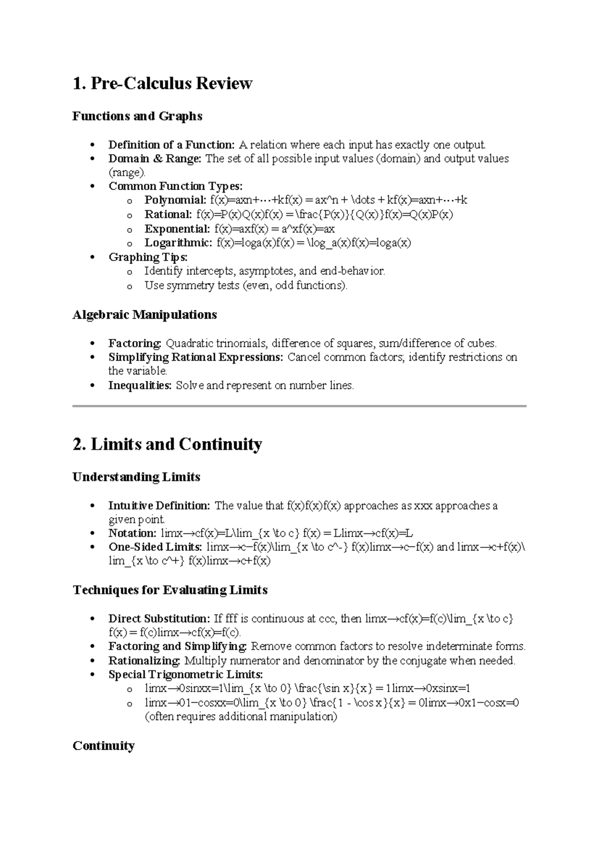 Math1151 Notes (NOT HIGH QUAL) - 1. Pre-Calculus Review Functions and ...