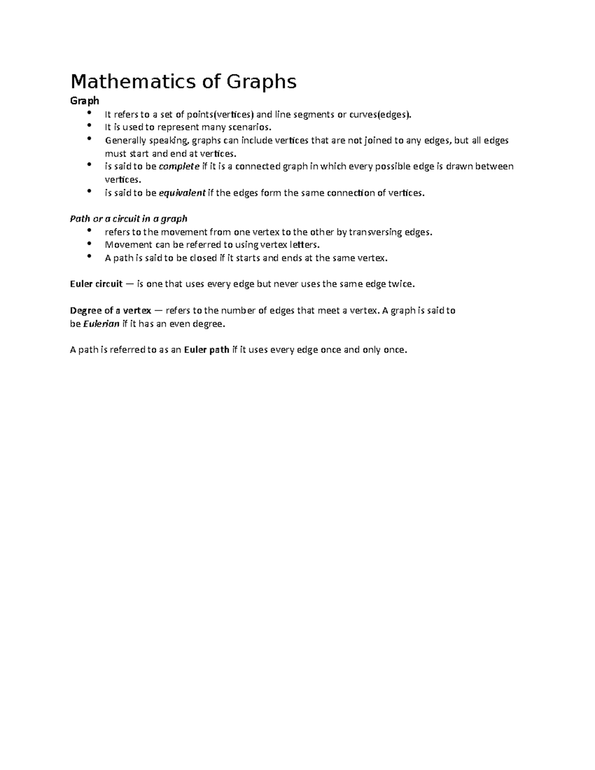 Lesson 12 Mathematics of Graphs - Mathematics of Graphs Graph It refers ...