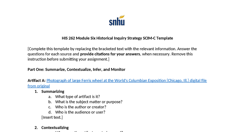 HIS 262 Module 6 Historical Inquiry Strategy SCIM-C Template Guide ...