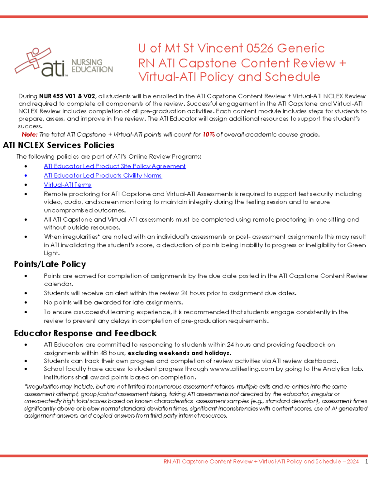 RN ATI Capstone Content Review Policy & Schedule 2024 for NUR 455 - Studocu