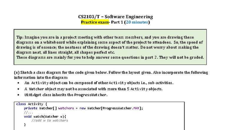 Software Engineering Practice Exam - Part 1 (20 min) - Studocu