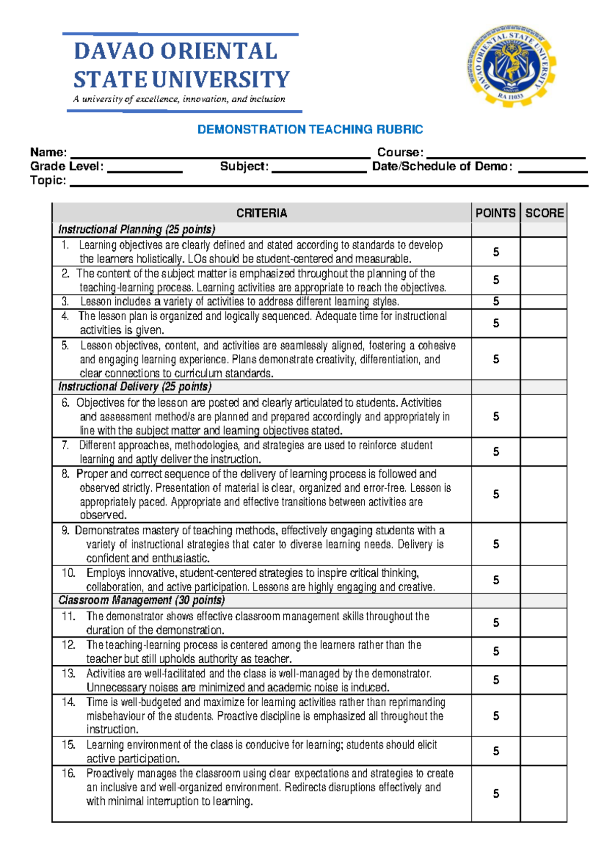 Demonstration Teaching Rubric for Effective Instruction and Management ...