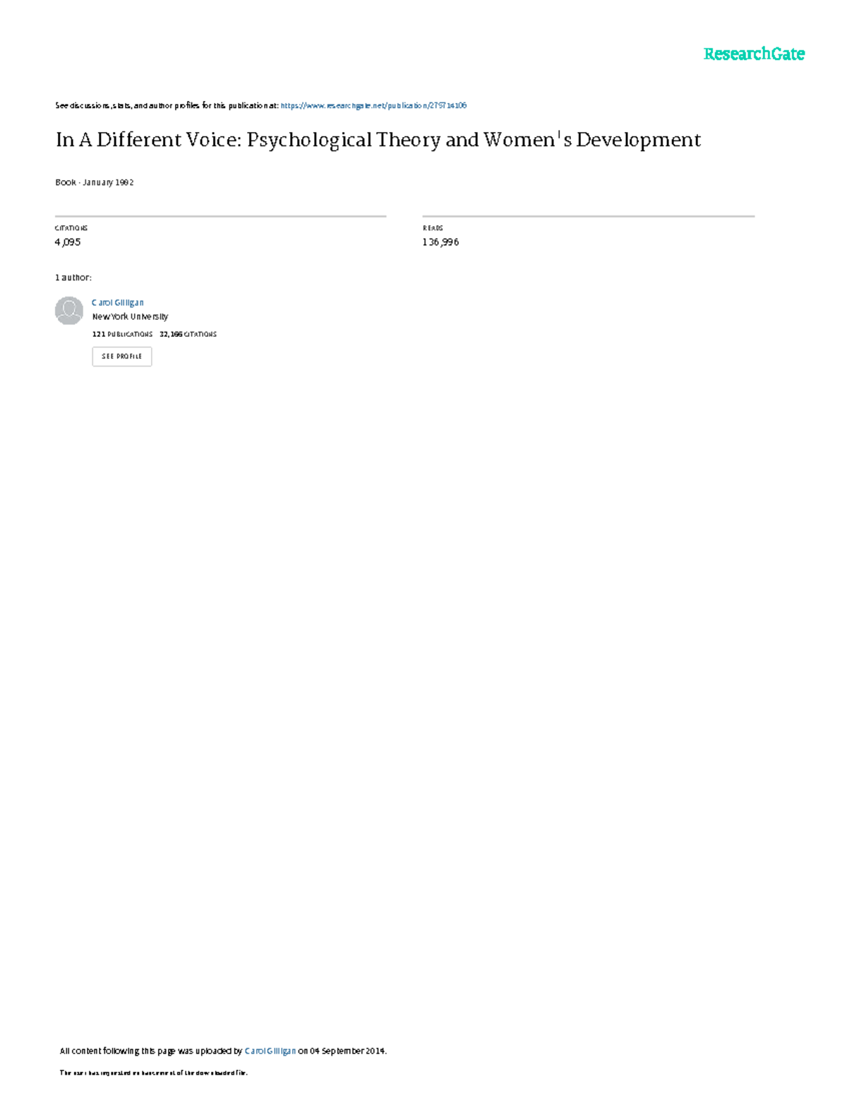 In A Different Voice: Psychological Theory and Development (1982) - Studocu