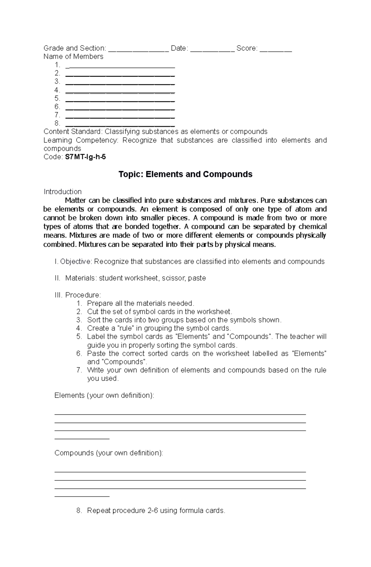 Elements and Compounds Activity - S7MT-Ig-h- - Studocu