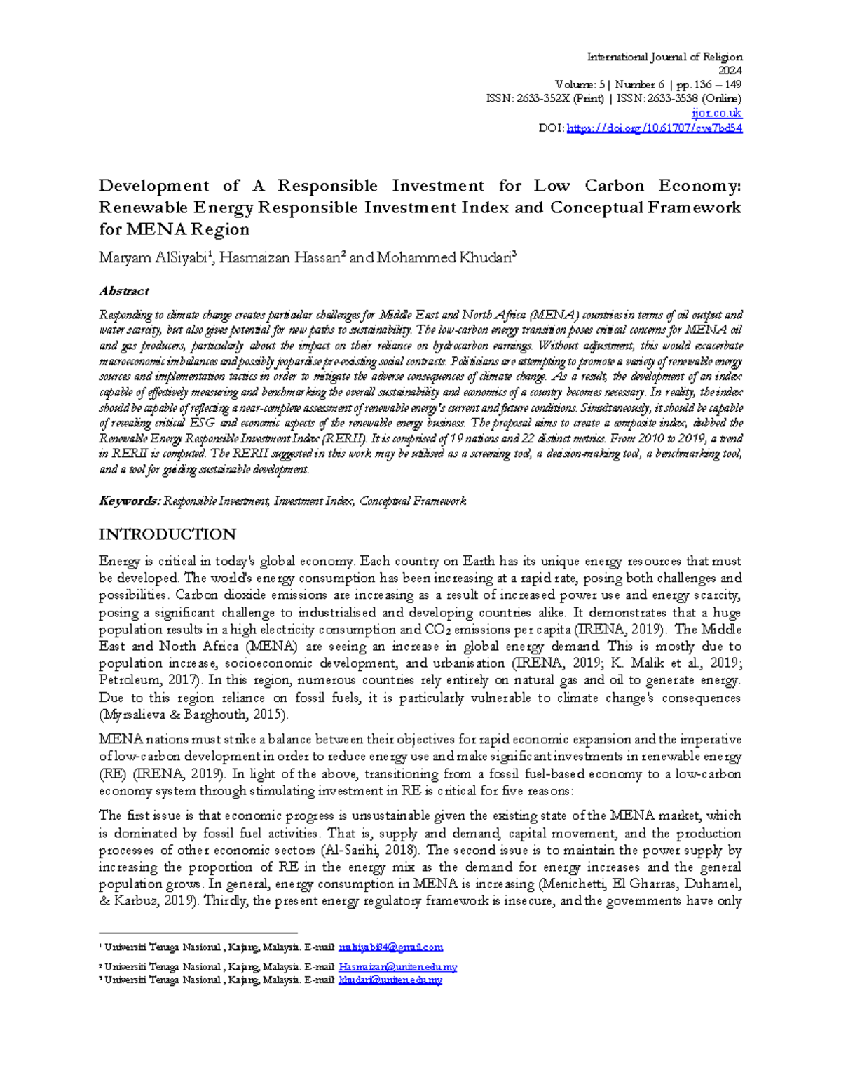 Development of a responsible investment index for renewable energy in ...