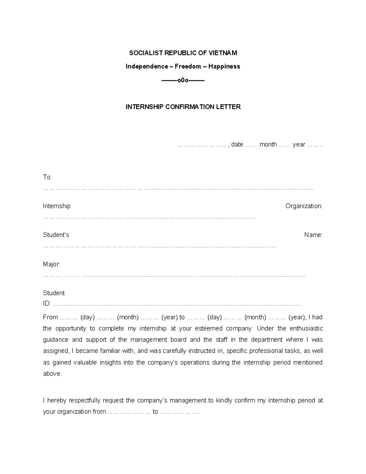 INTERNSHIP CONFIRMATION LETTER - SOCIALIST REPUBLIC OF VIETNAM - Studocu