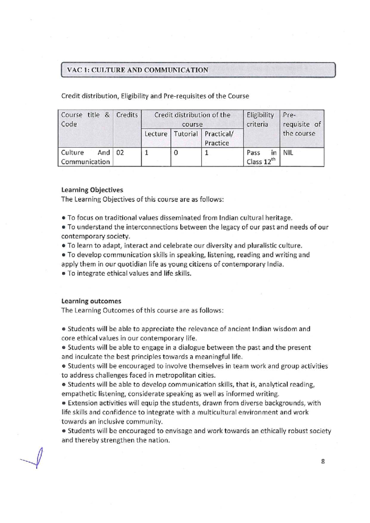 VAC 1: Culture and communication course syllabus and learning outcomes - Studocu