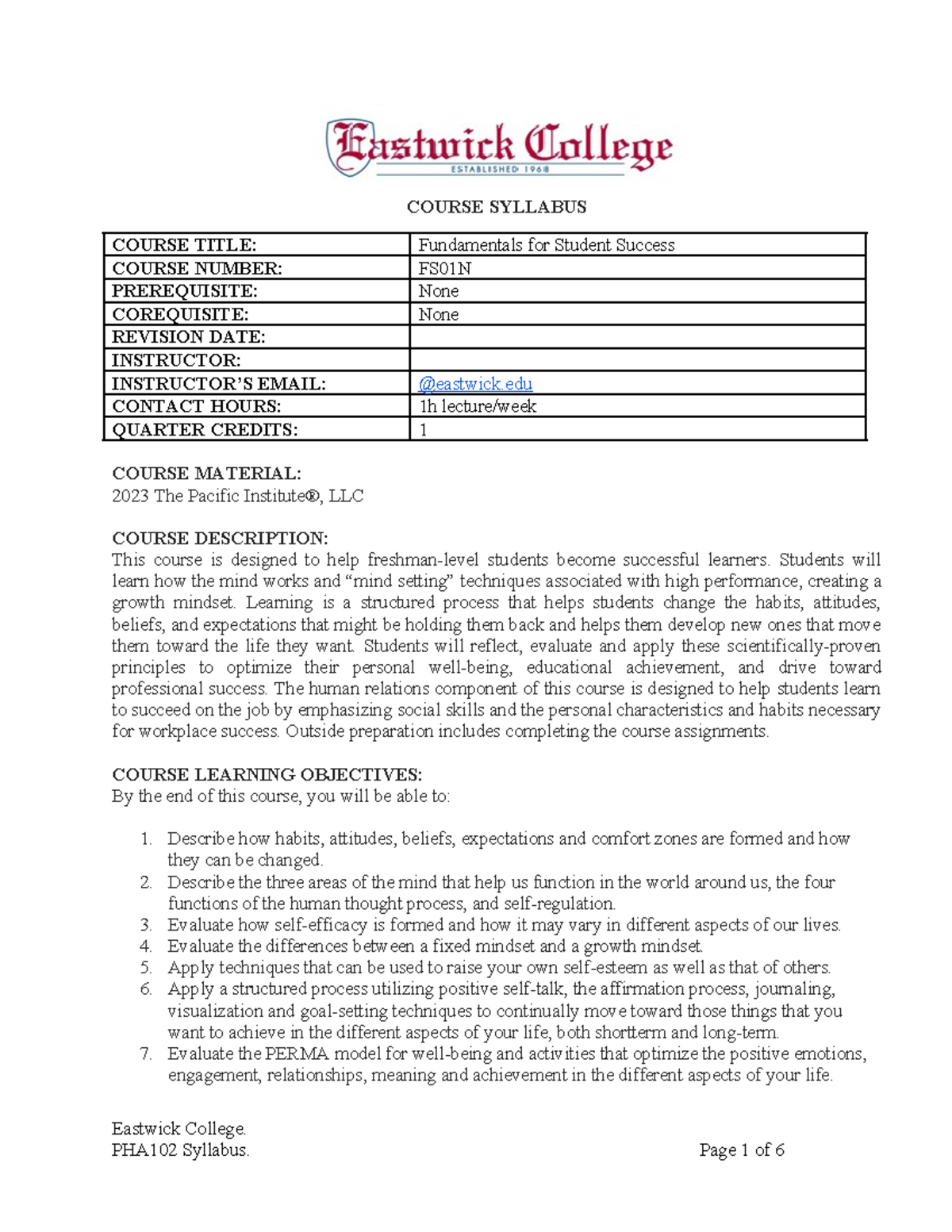 FS01N Fundamentals of Student Success - COURSE SYLLABUS COURSE TITLE ...