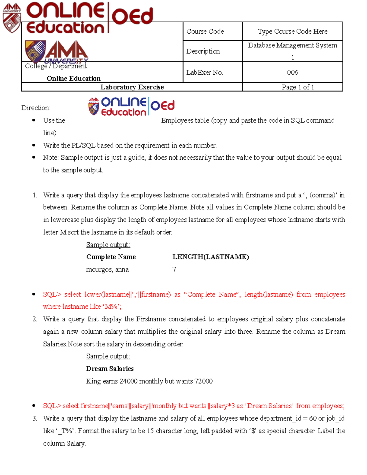 Week010-Single Row-Lab Exer 006 - Course Code Type Course Code Here Description Database ...